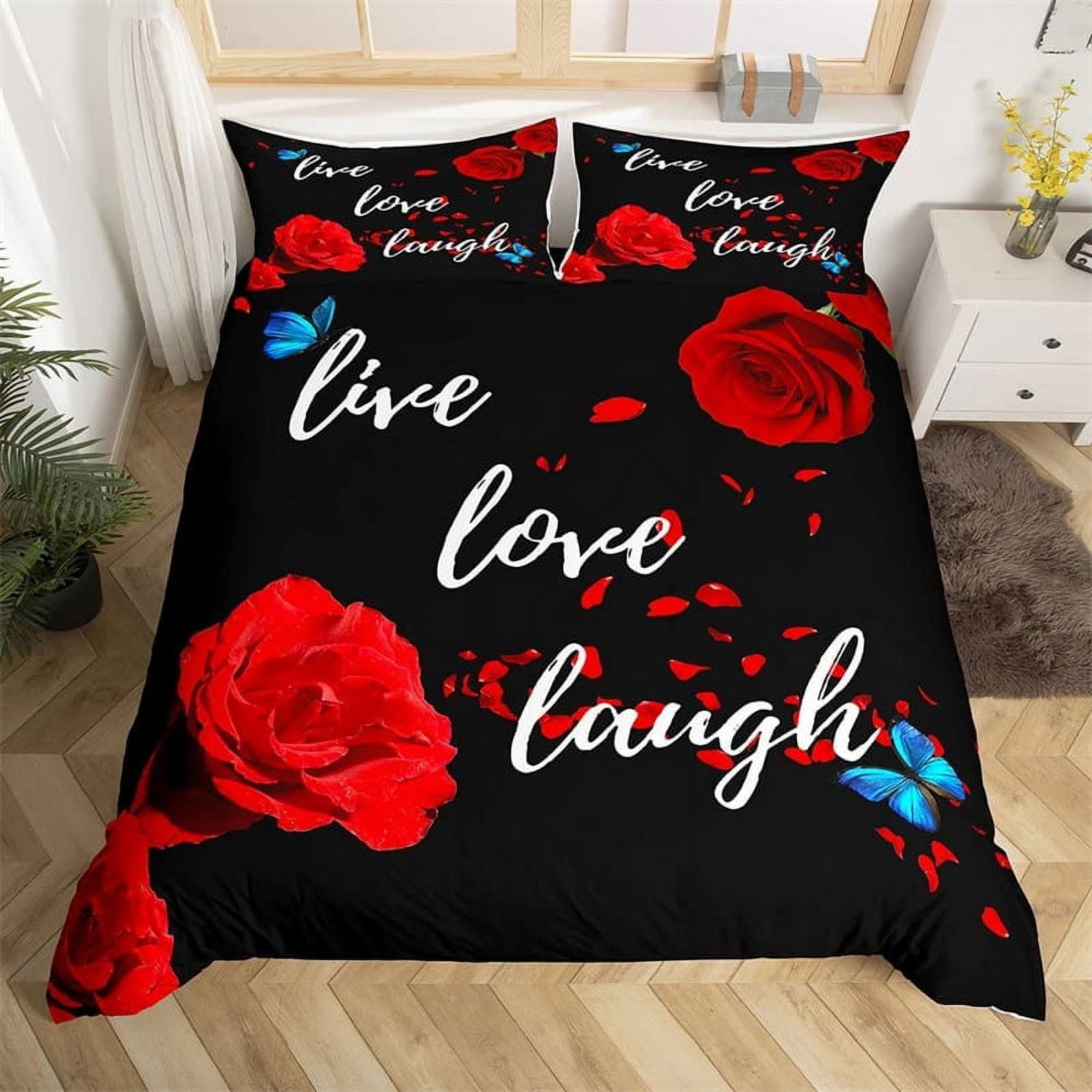 Girls Red Rose Bedding Set Women Romantic Floral Duvet Cover Microfiber ...