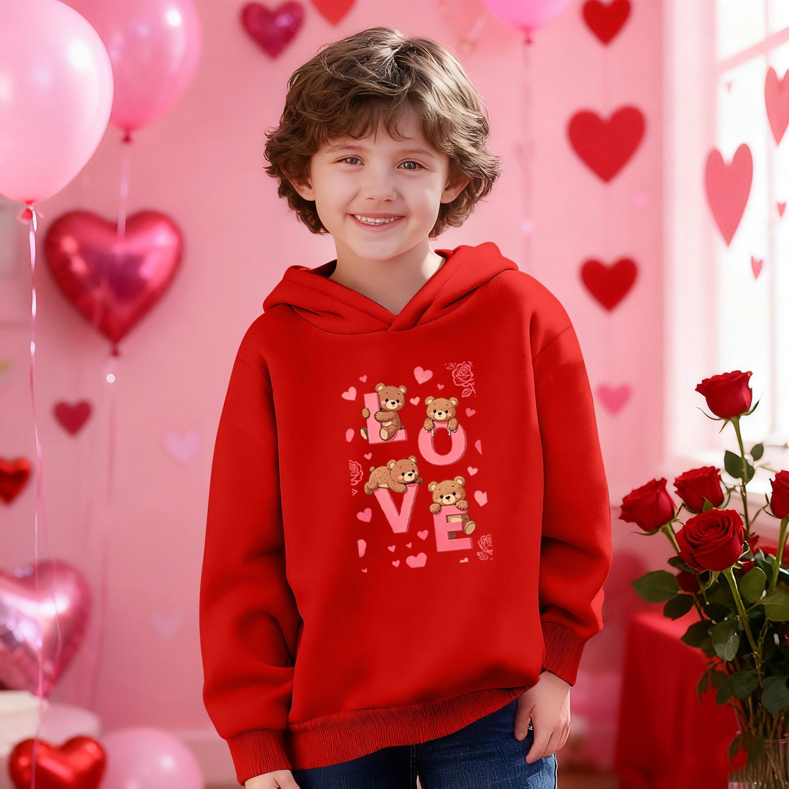 Girls Red Teddy Bear & Hearts Hoodie, Oversized Fleece Pullover, Cute ...