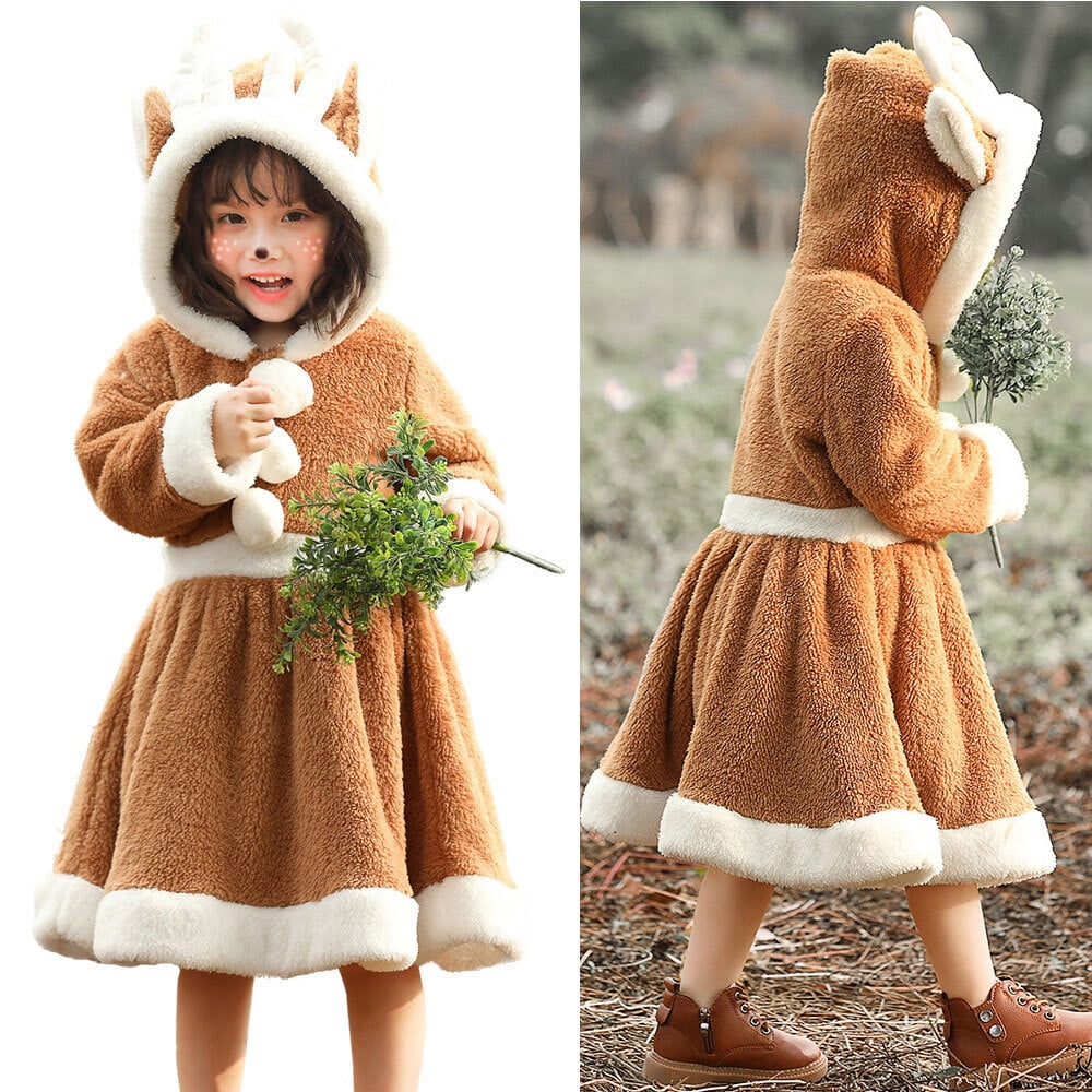 Girls Reindeer Santa Cosplay Dress Pom Pom Hooded Dress Performance ...