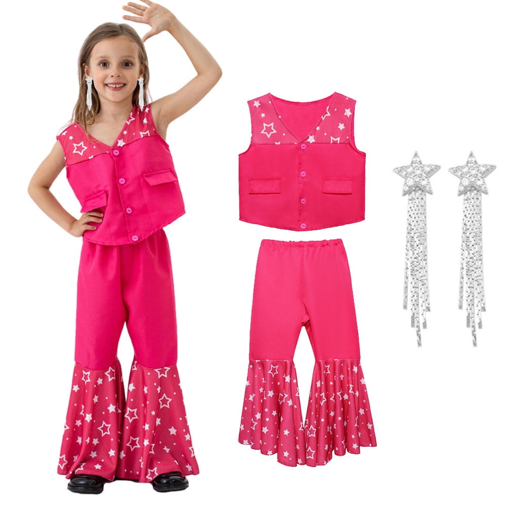 Girls Retro Hippie Disco Costume Cowgirl Pink Flare Pant Halloween ...