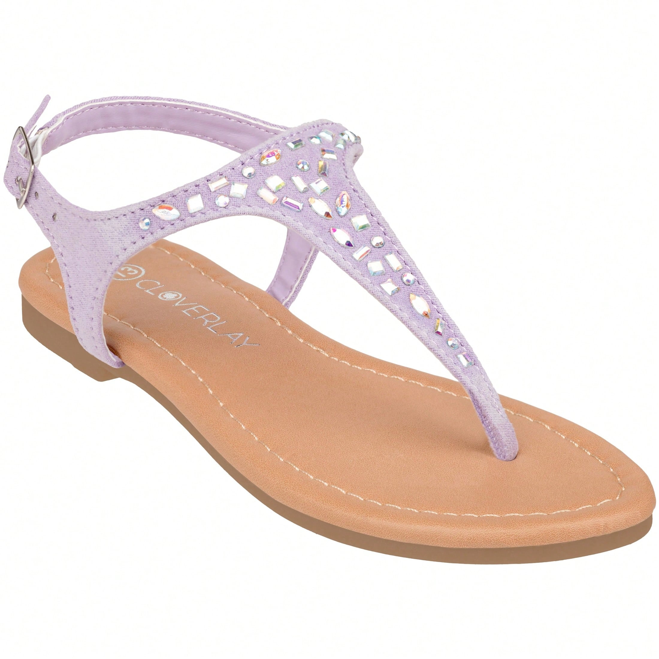 Girls' Rhinestone Decor Flat Sandals Fashionable Casual T-Strap Sandals ...