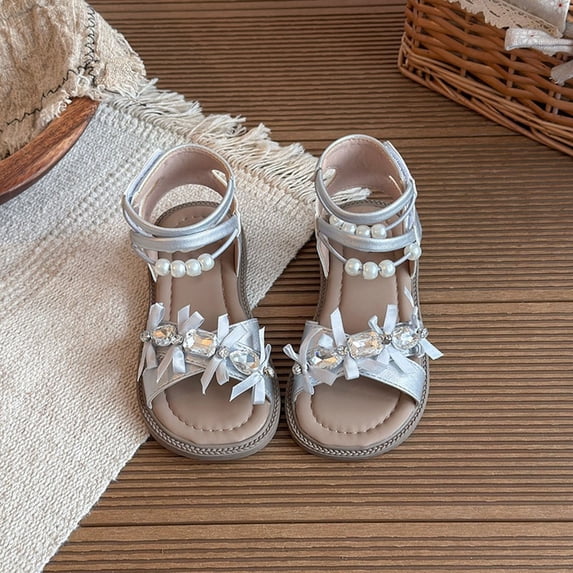 Girls Rhinestone Pearl Bow Sandals Adjustable Ankle Strap Comfortable ...