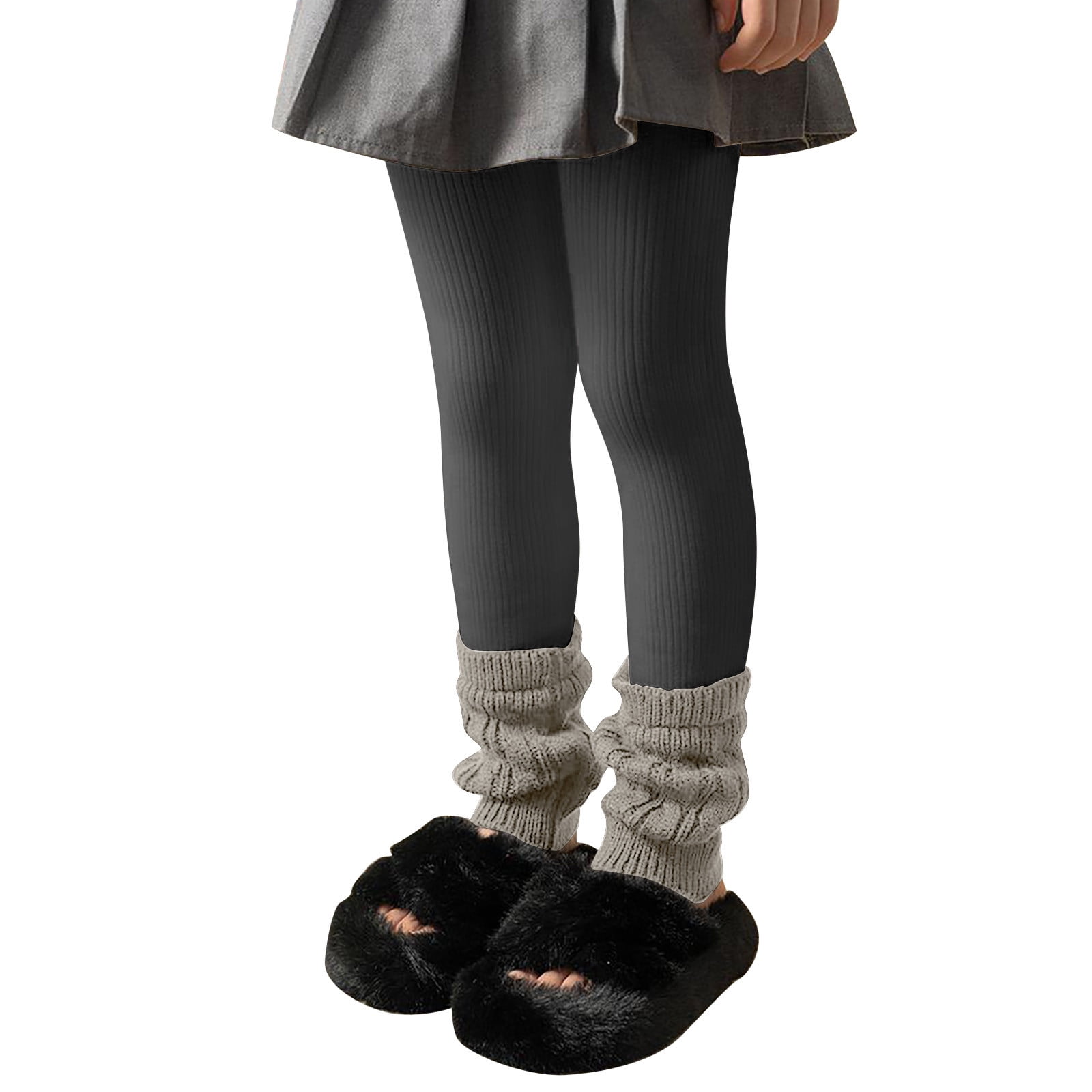 Girls Ribbed Knit Leggings Winter Lined Tights With Vertical Stripes ...