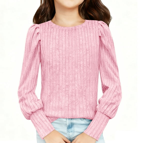 Girls Ribbed Knit Sweaters Kids Spring Fall Fashion Puff Sleeve Cuffs ...