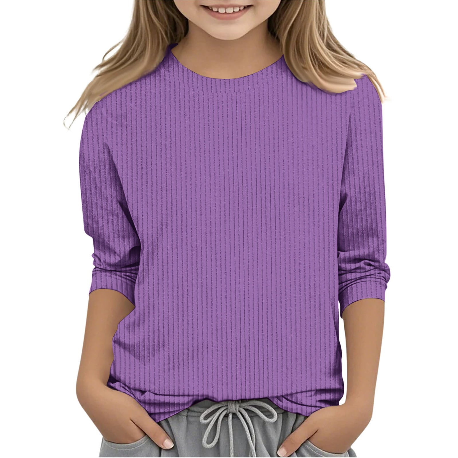 Girls Ribbed Knit Top 3/4 Sleeve Crewneck Casual Tee Soft Comfortable ...