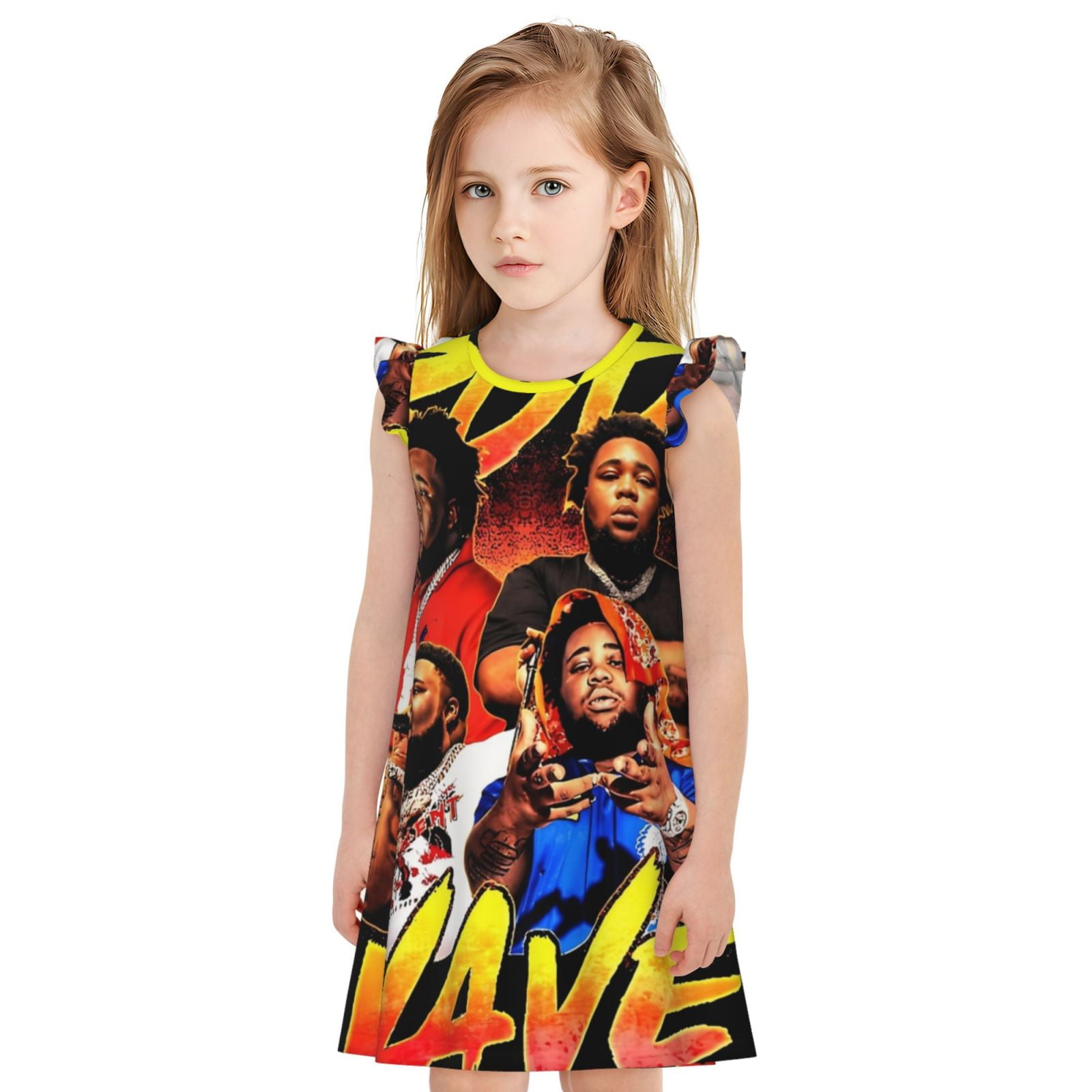 Girls Rod Wave Pajamas Dress Cartoon Printed Nightgowns Flutter Sleeve ...