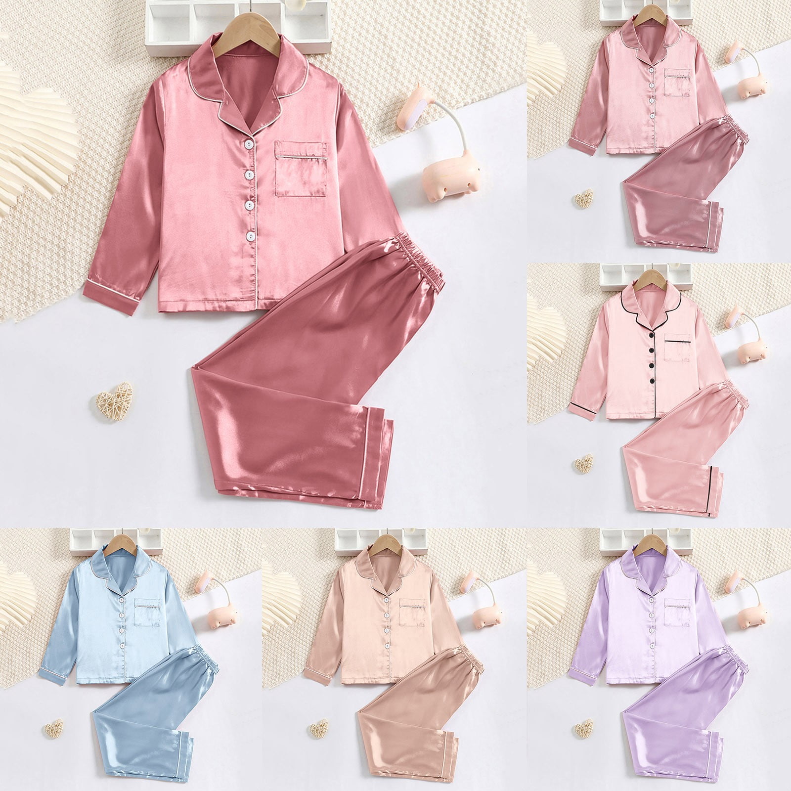 Girls Romper Satin Pajamas Set 2Pj Silk Nightwear Button Down Sleepwear ...