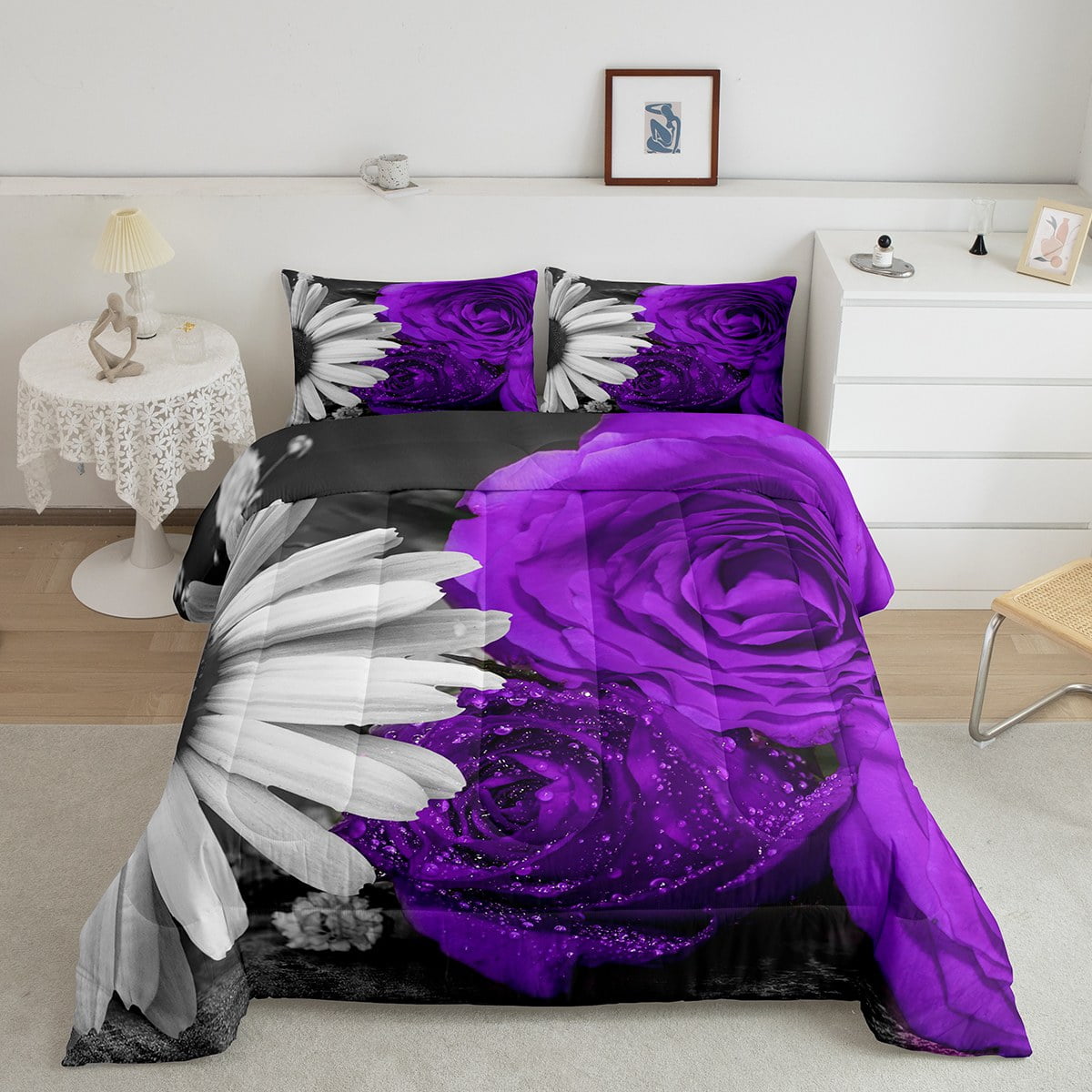 Girls Rose Comforter Set King Size, Purple Gray Black Rose Bedding, 3D ...