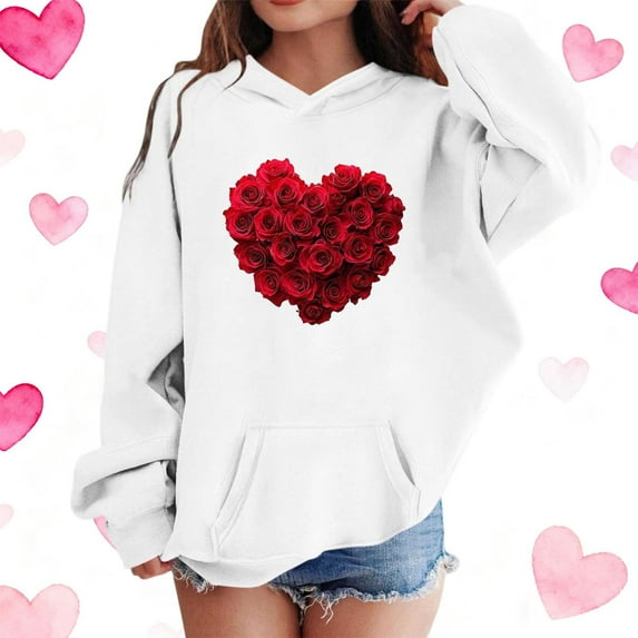 Girls Rose Heart Hoodie | Kids Floral Sweatshirt Cute White Pullover ...