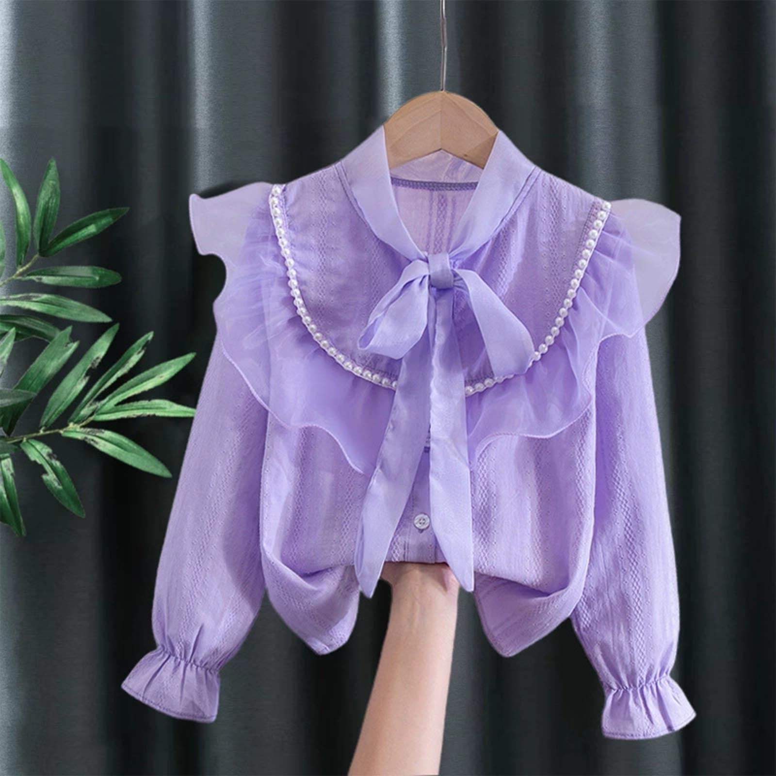 Girls Ruffle Button Down Shirts with Pearl, Kids Long Sleeve Bow Tie ...