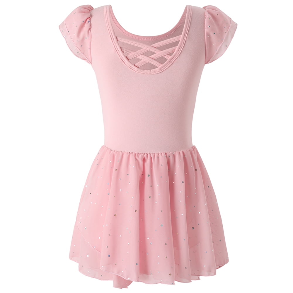 Girls Ruffle Sleeve Ballet Dance Dress Tutu Skirted Leotard Criss-Cross ...