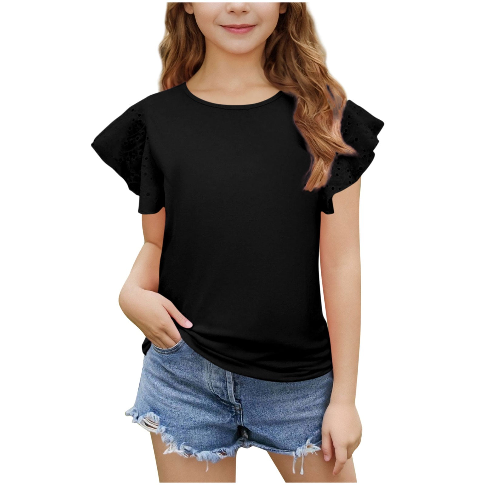 Girls Ruffle Sleeve Tops Cute Summer Clothes Crew Neck Solid Color ...