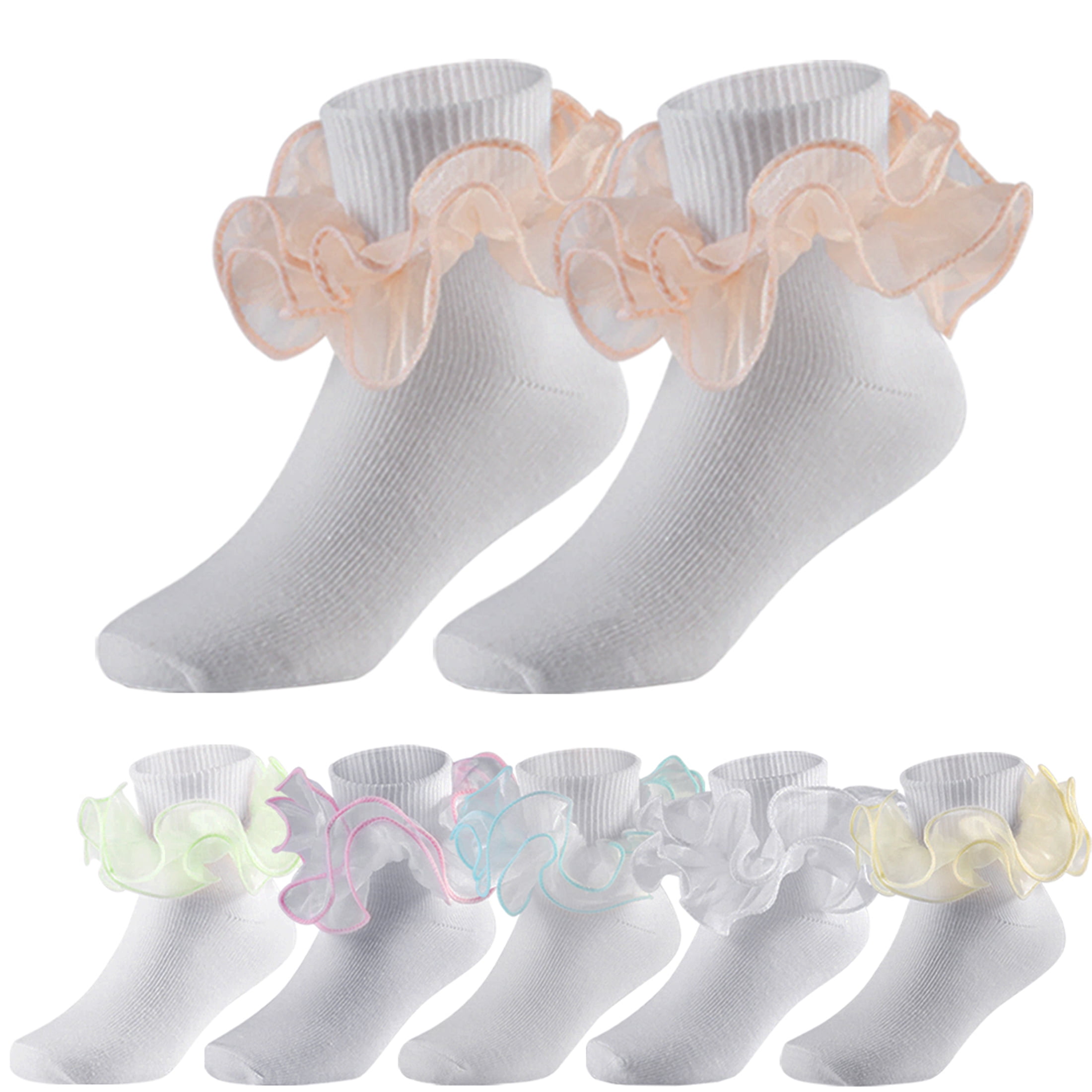 Girls Ruffle Socks Big Double Lace Frilly Trim Dress Socks 6 Pairs (S ...