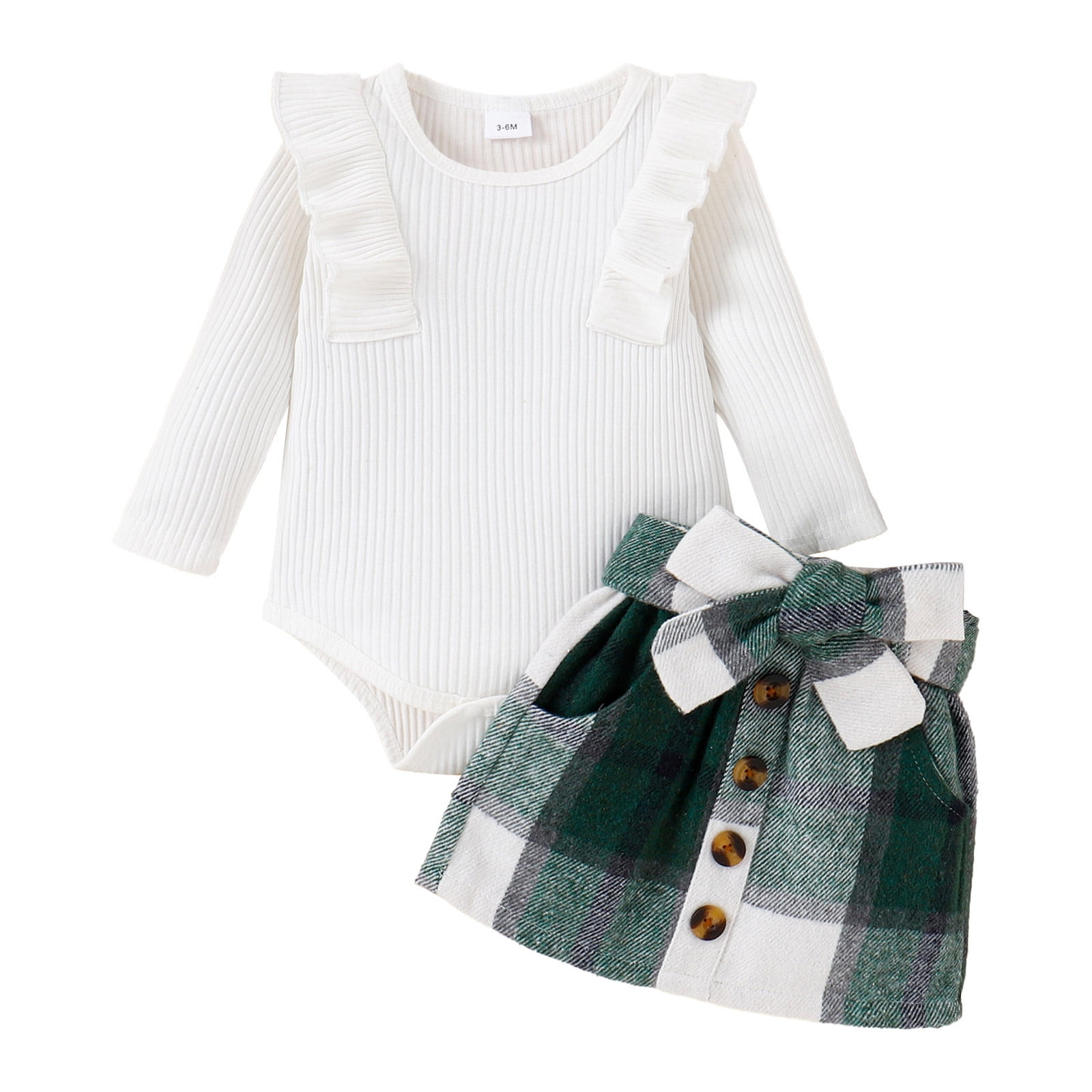 GEZHEN Girls Ruffles Long Sleeve Solid Ribbed Romper Plaid Prints Bow ...