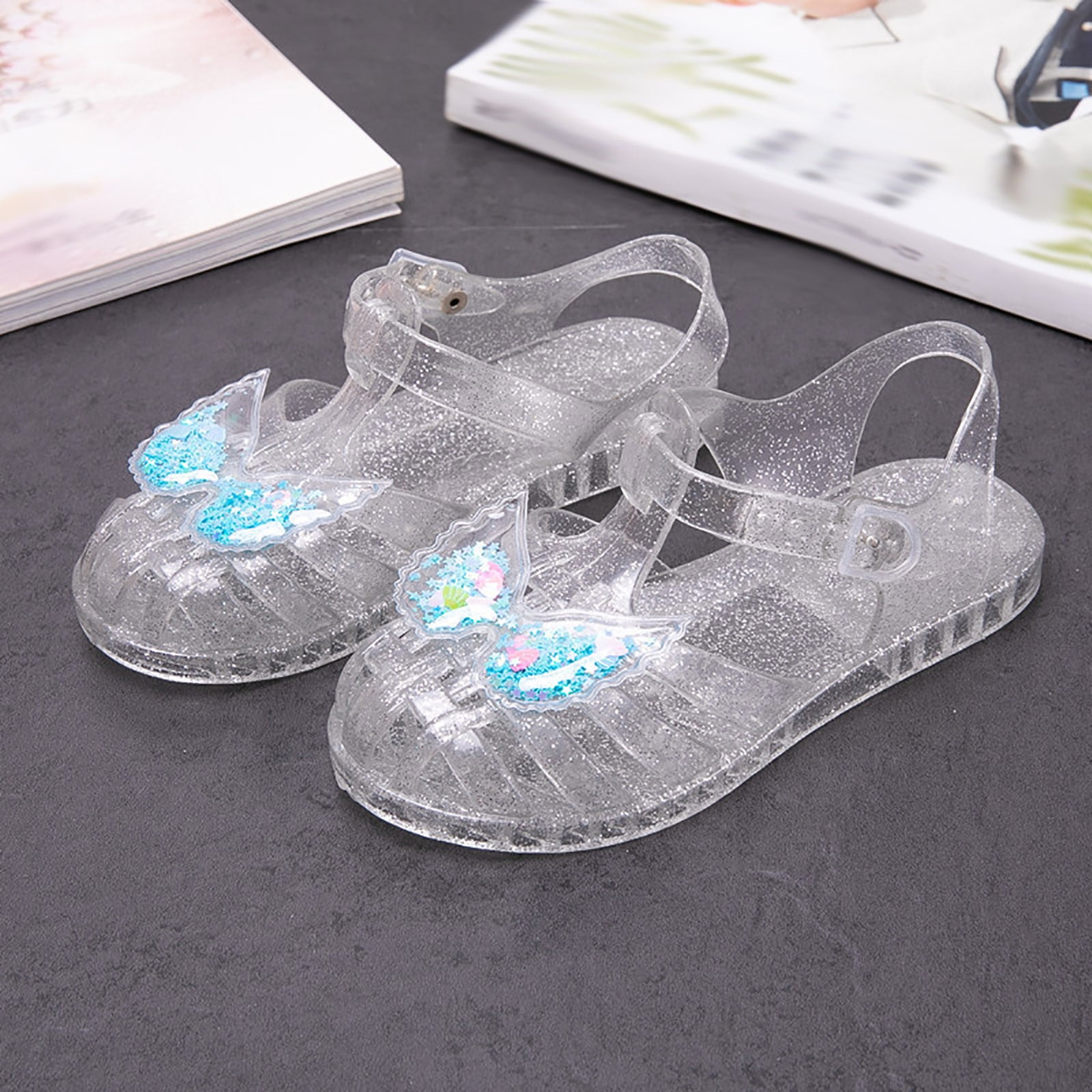 Girls Sandals Flats Jelly Shoes Clear T-Strap Slingback Kids Princess ...