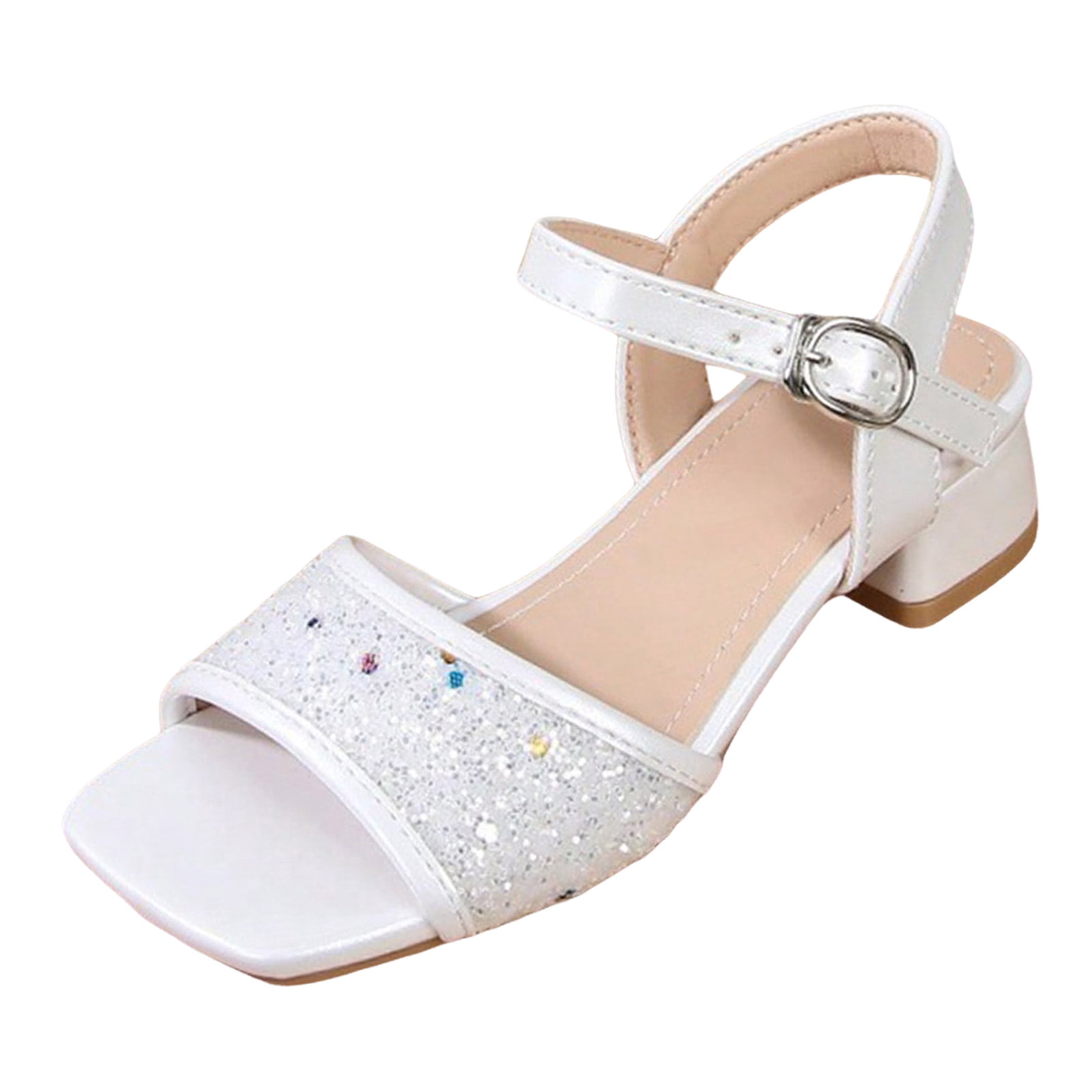 Girls Sandals Solid Color Squared Open Toe Glitter Sequin Band Low ...