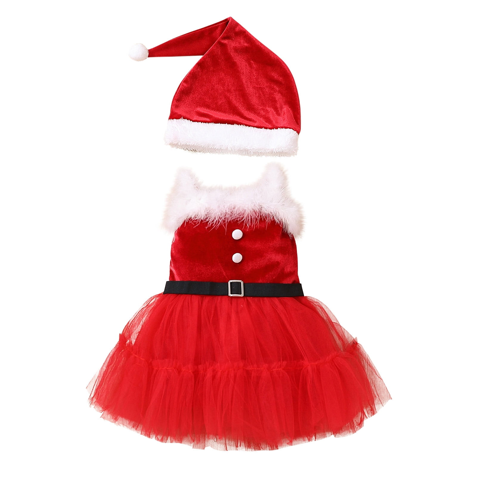 Girls Santa Dress Christmas Party Red Claus Costume Set Sleeveless Fur ...