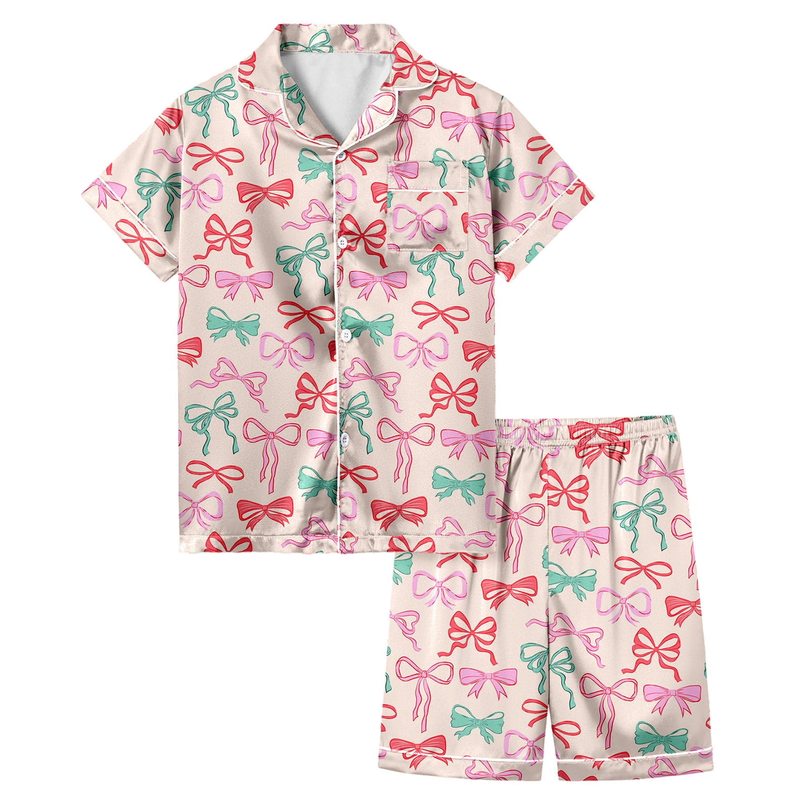 Girls Satin Pajamas Set Bow Print Short Sleeve Pjs Button Down Comfortable Sleepwear Set ...