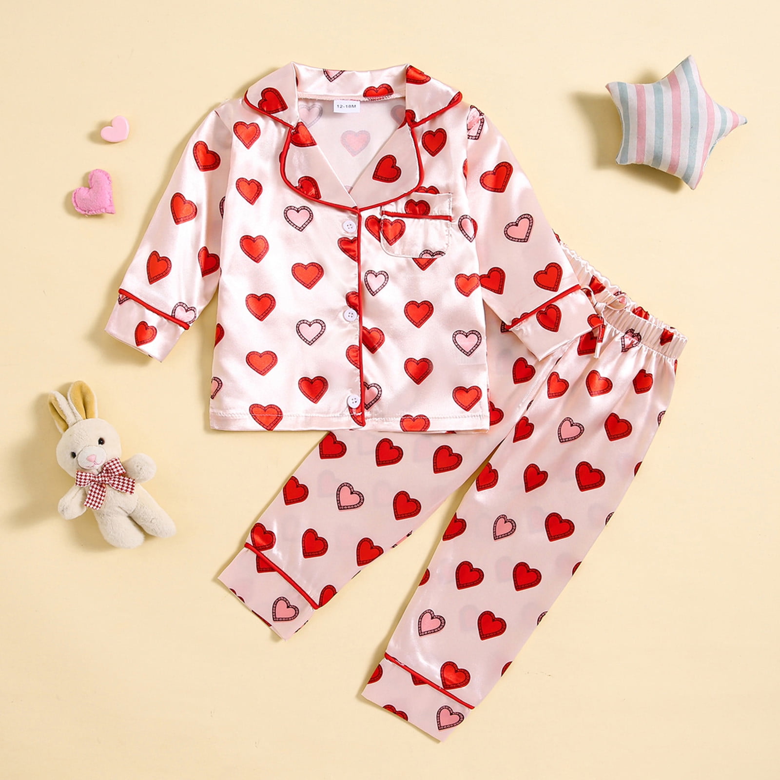 Girls Satin Pajamas Set Cartoon Heart Print Long Sleeve Button Down ...