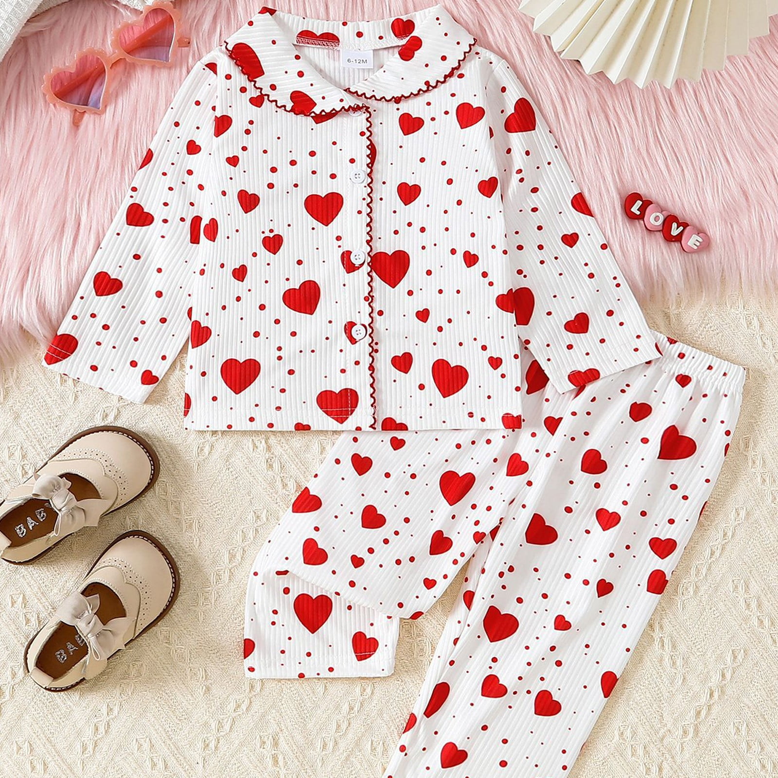 Girls Satin Pajamas Set Cartoon Heart Print Long Sleeve Button Down ...