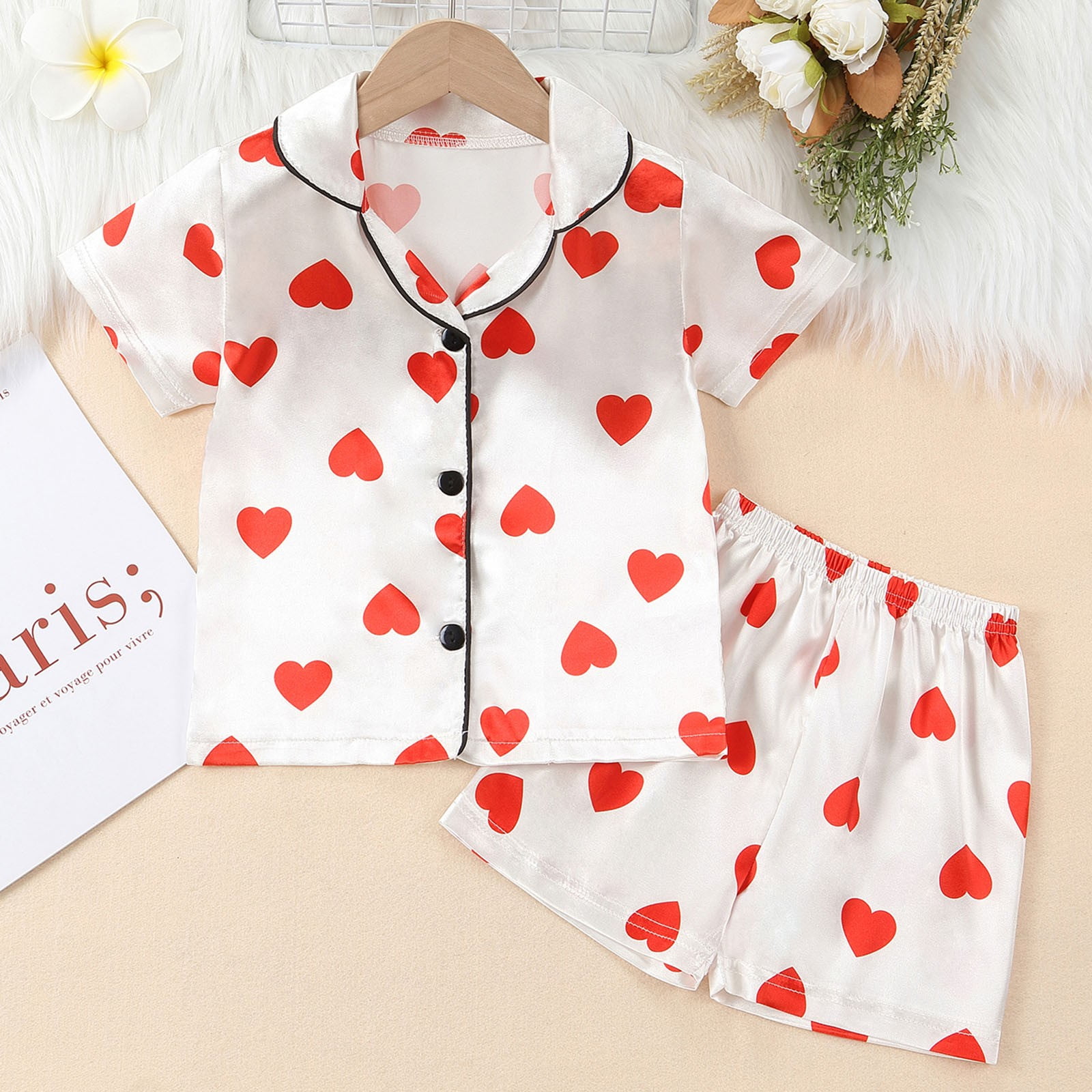 Girls Satin Pajamas Set Cute Heart Print Long Sleeve Button Down ...