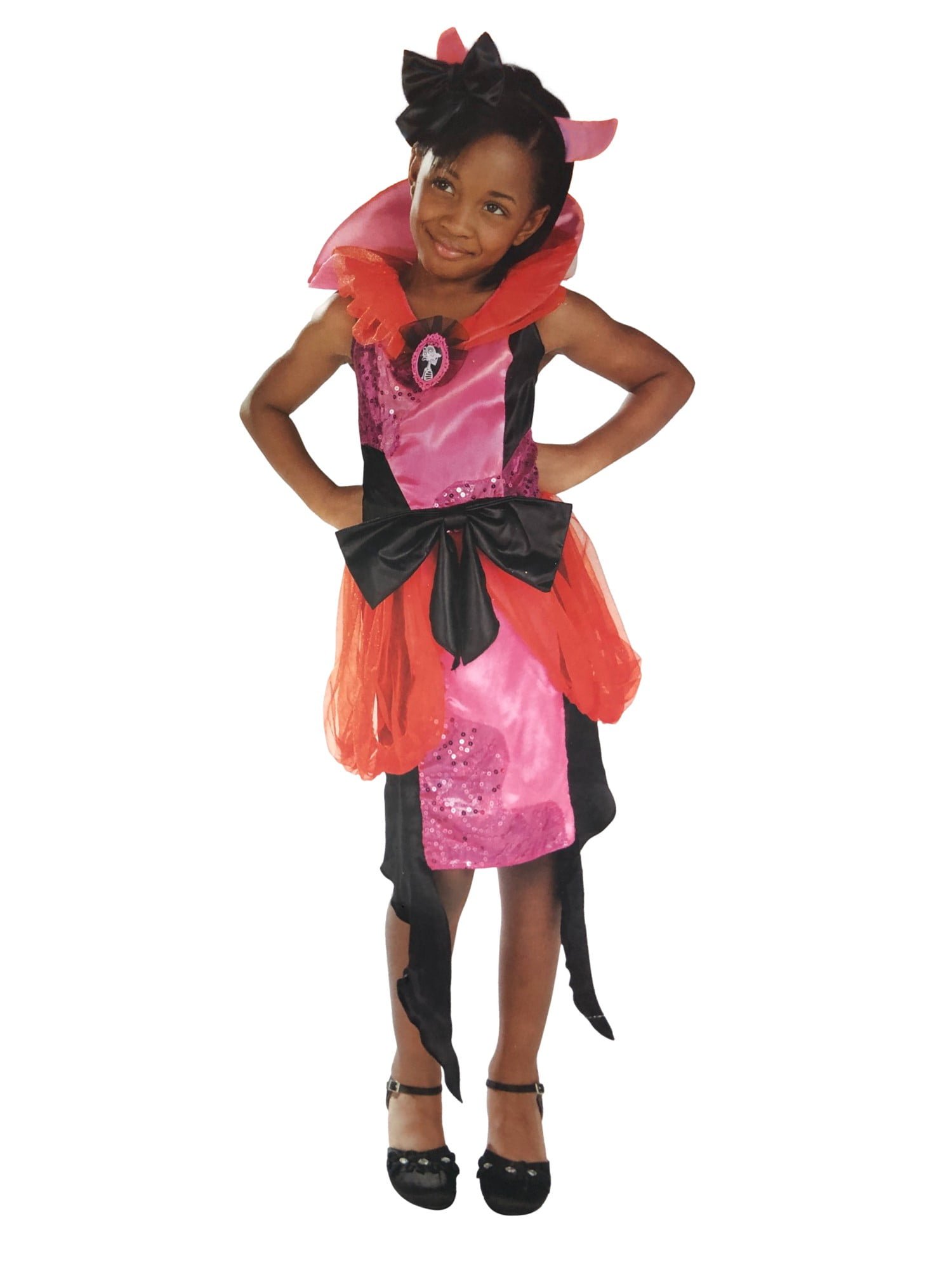 Girls Satiny Pink Black & Red Vogue Devil Halloween Dress Costume Large ...