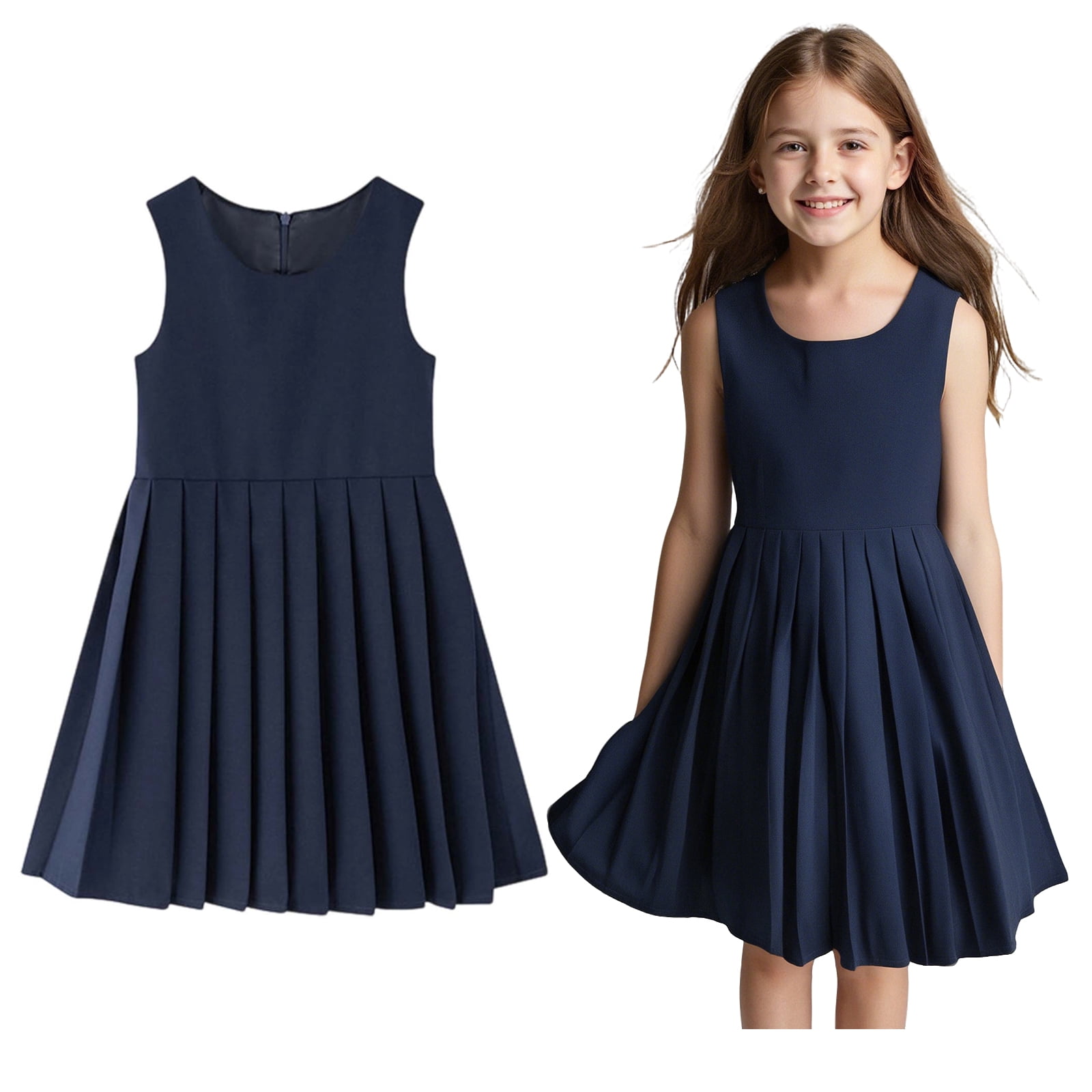Girls School Uniform Dress Knee Length Sleeveless Navy Uniform Jumper ...