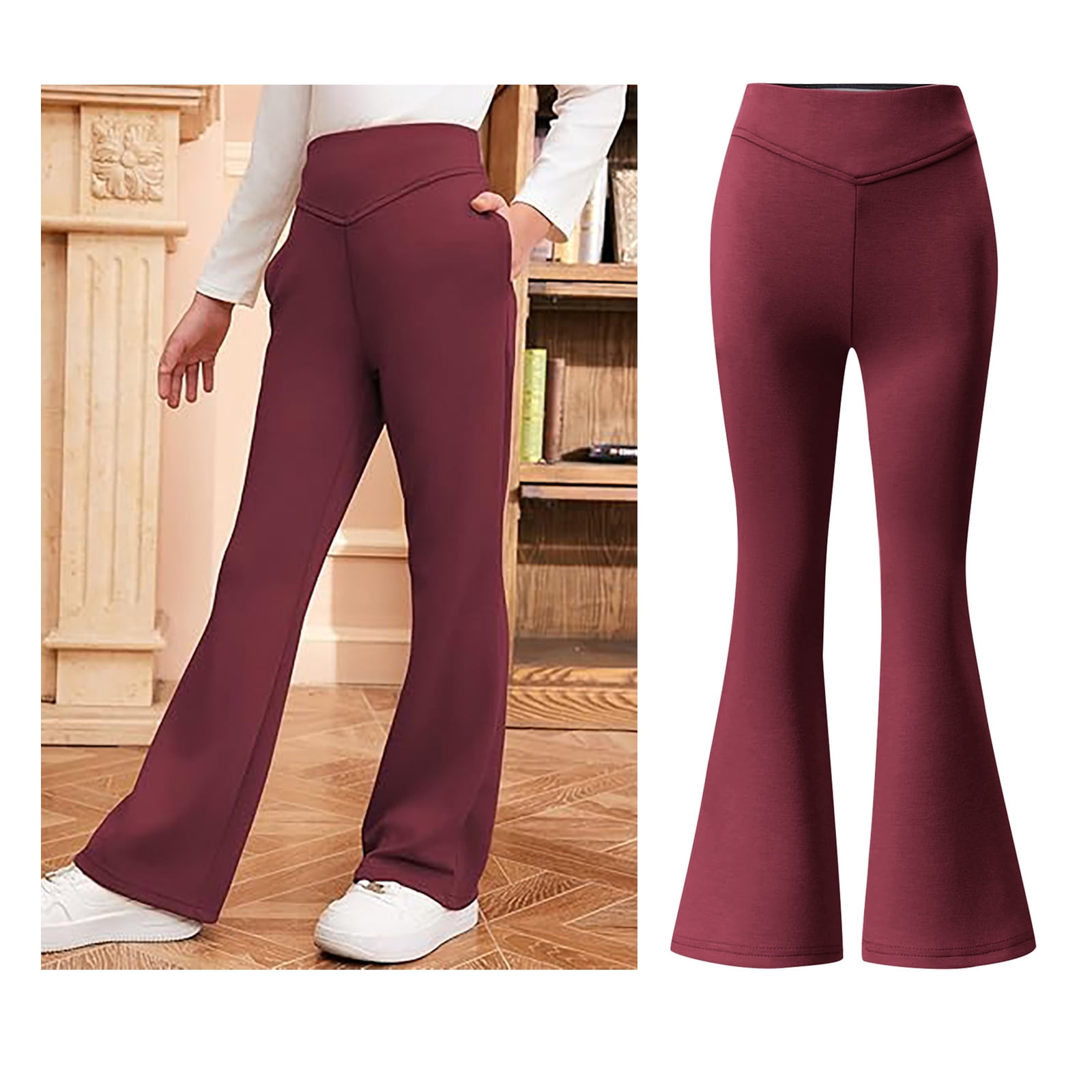 Girls School Uniform Pants Skinny Fit Stretch Pants with Pockets Flare ...