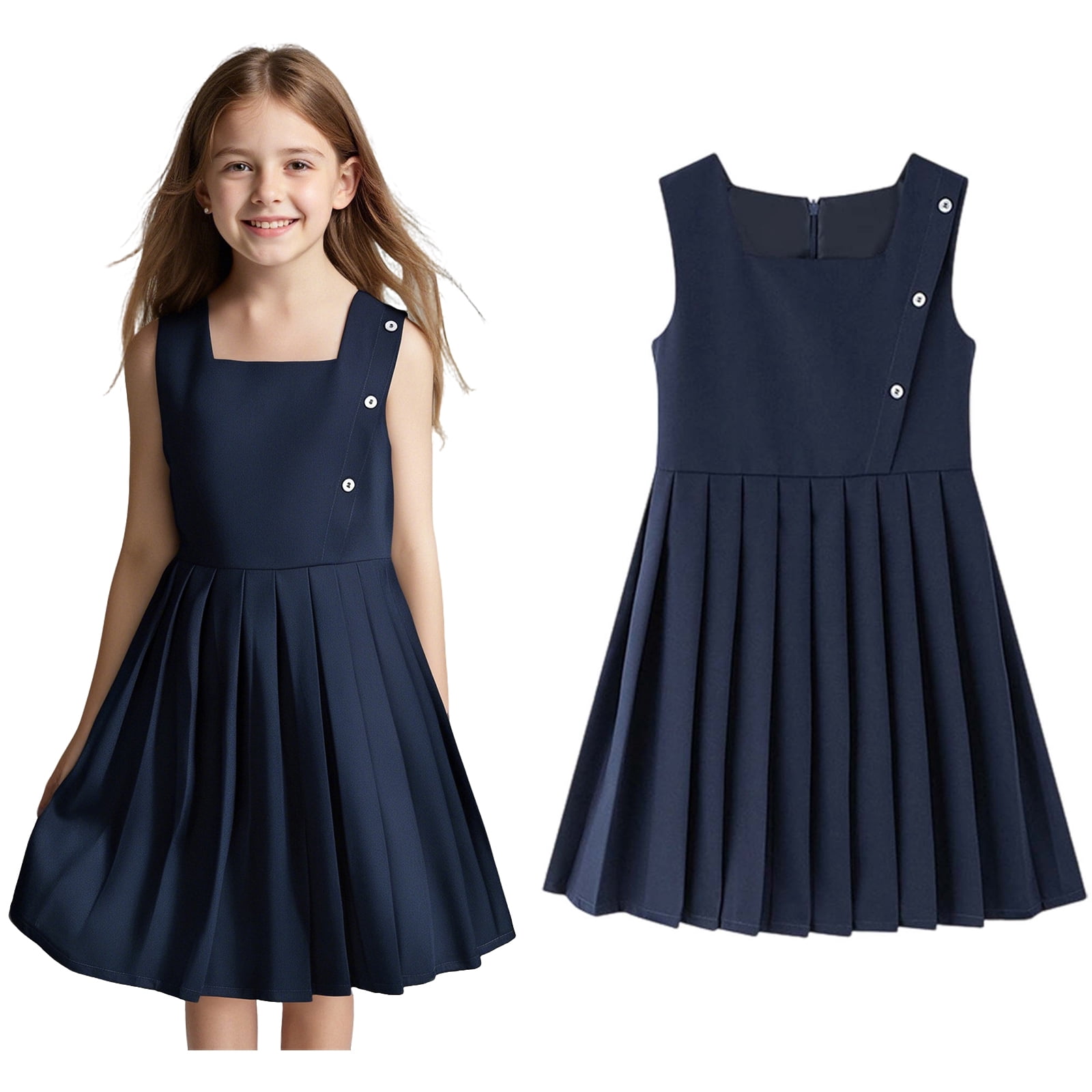 Girls' School Uniform Skirts Knee Length Sleeveless Navy Uniform Jumper ...