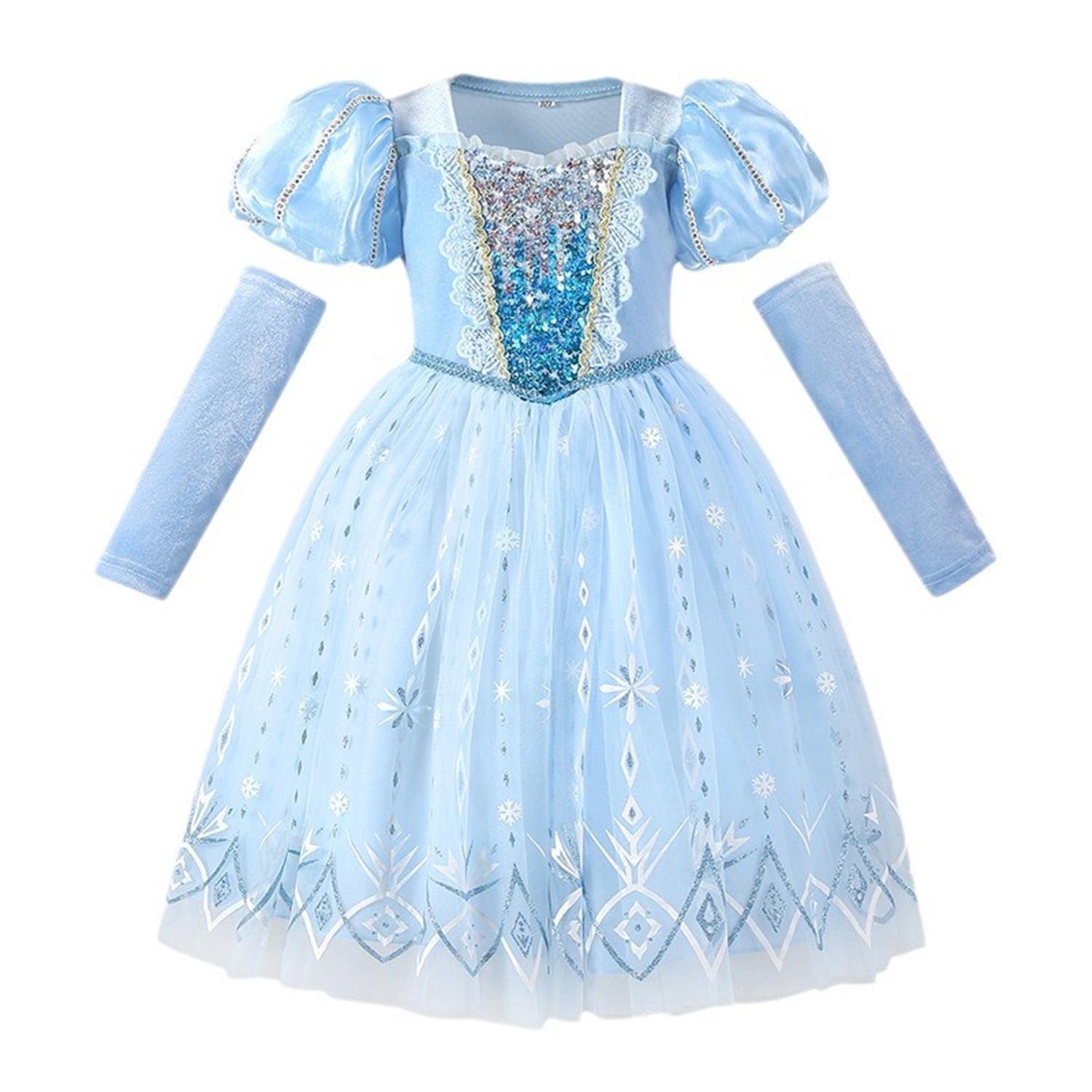 KAWELL Girls Sequin Blue Princess Costume Puff Short Sleeve Dress up ...