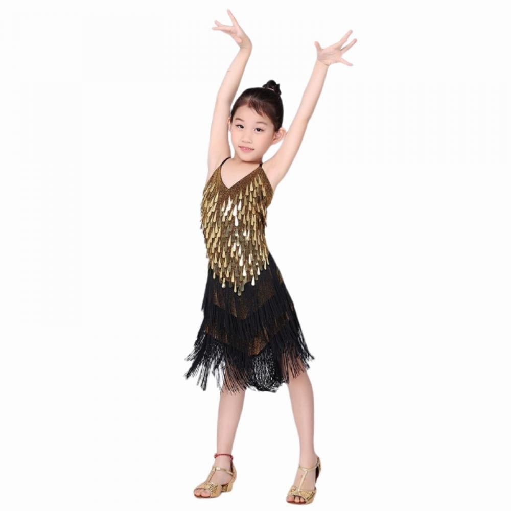 Girls Sequin Fringe Latin Dance Dress Tango Salsa ChaCha Rumba ...