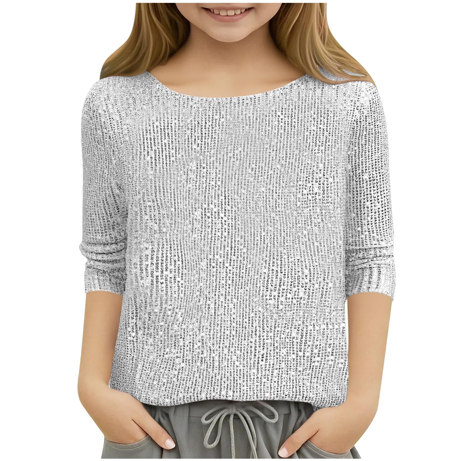 Girls Sequin Shirt Kids Sparkle Long Sleeve Pullover Tops Basic Blouses ...