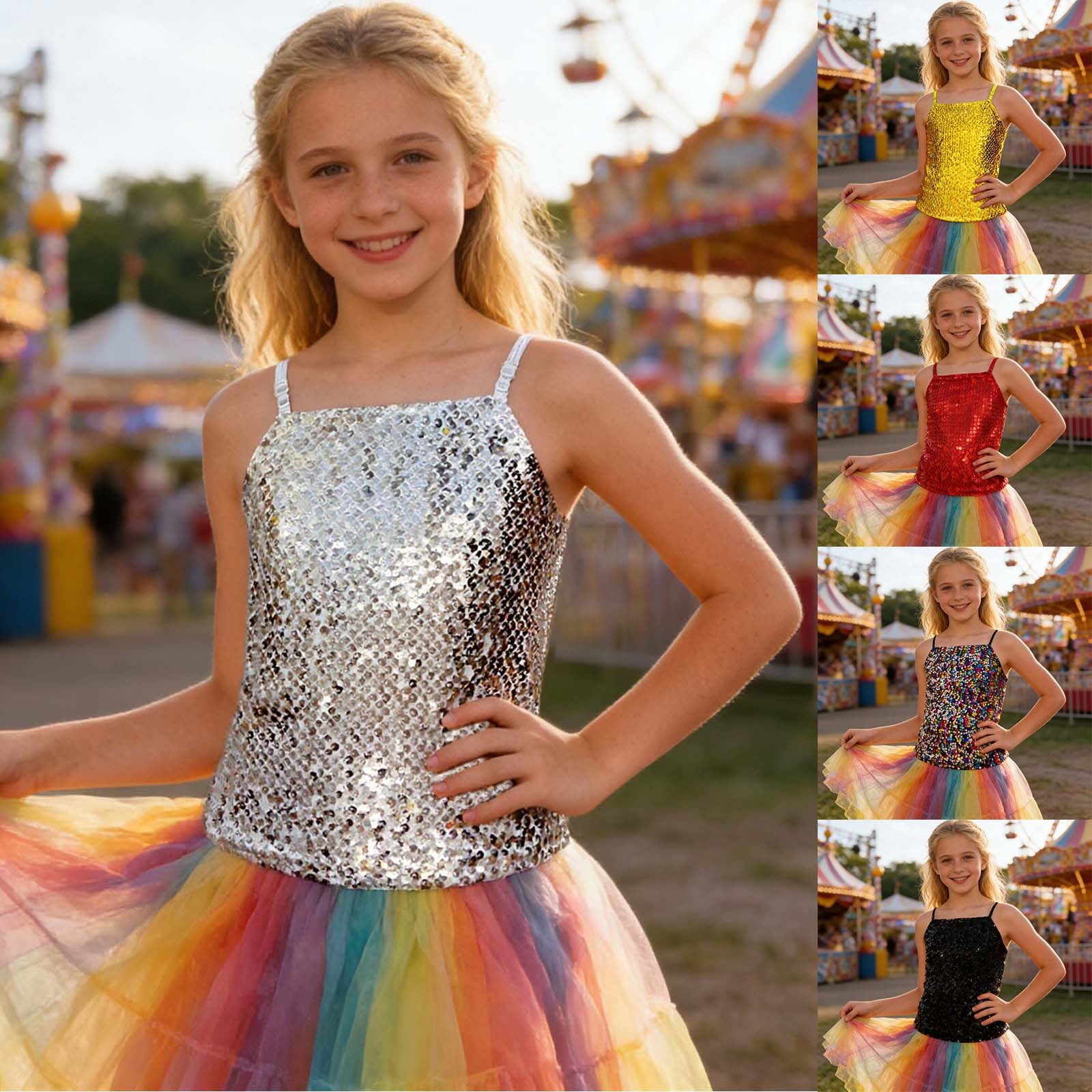Girls Sequin Tank Top Sleeveless Carnival Elastic Band Camisole Dance ...