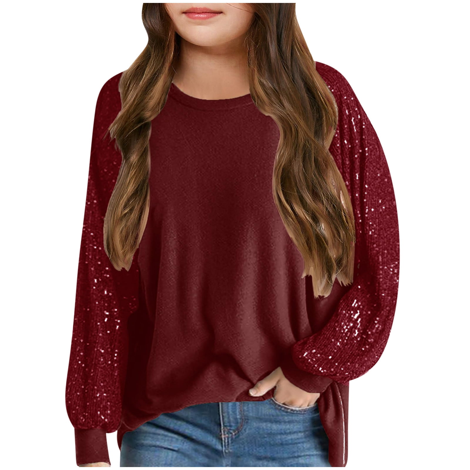 Girls Sequin Tops Kids Fashion Sparkle Long Sleeve Blouses Glitter ...