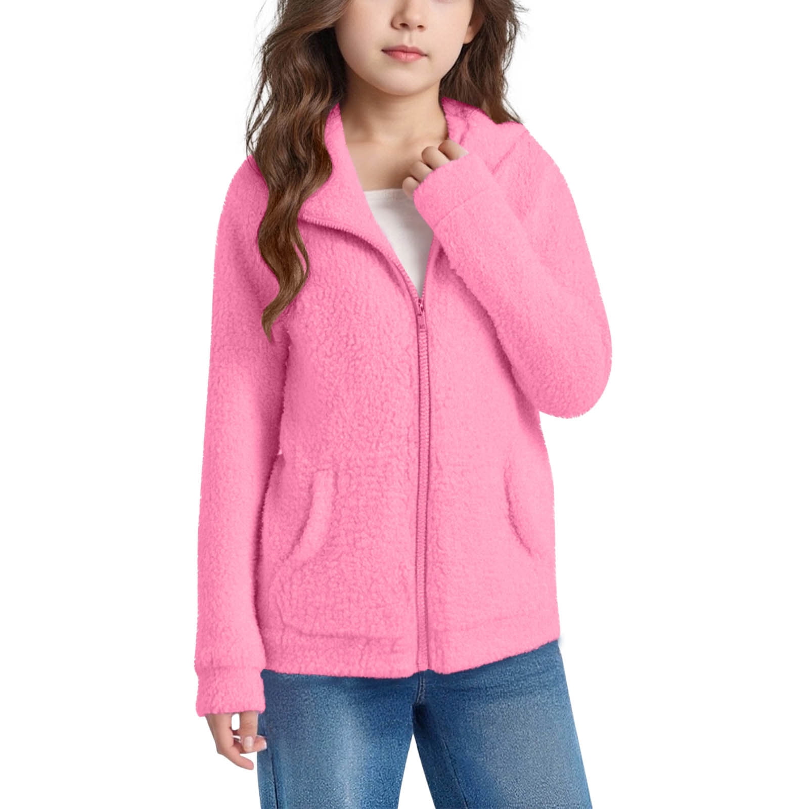 Girls' Sherpa Jacket Zip Up Hoodie Fleece Coat with Pockets 5-14 Years ...