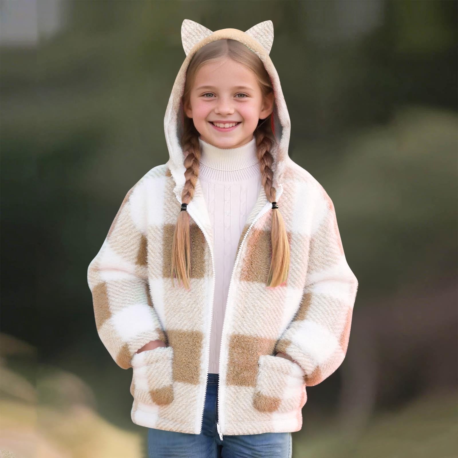 Girls Sherpa Plaid Jacket Fuzzy Fleece Full Zip Up Hooded Coats Casual ...