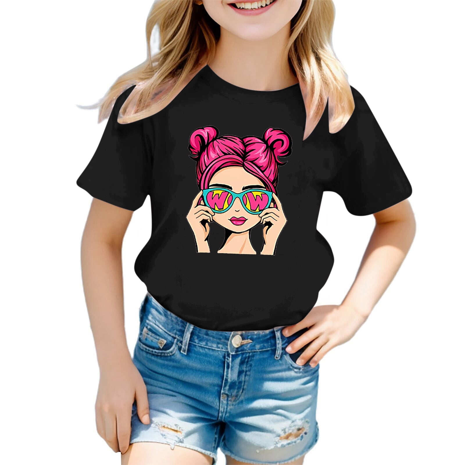 Girls Shirts Casual Girls Cute Graphic Print Round Neck Short Sleeve ...