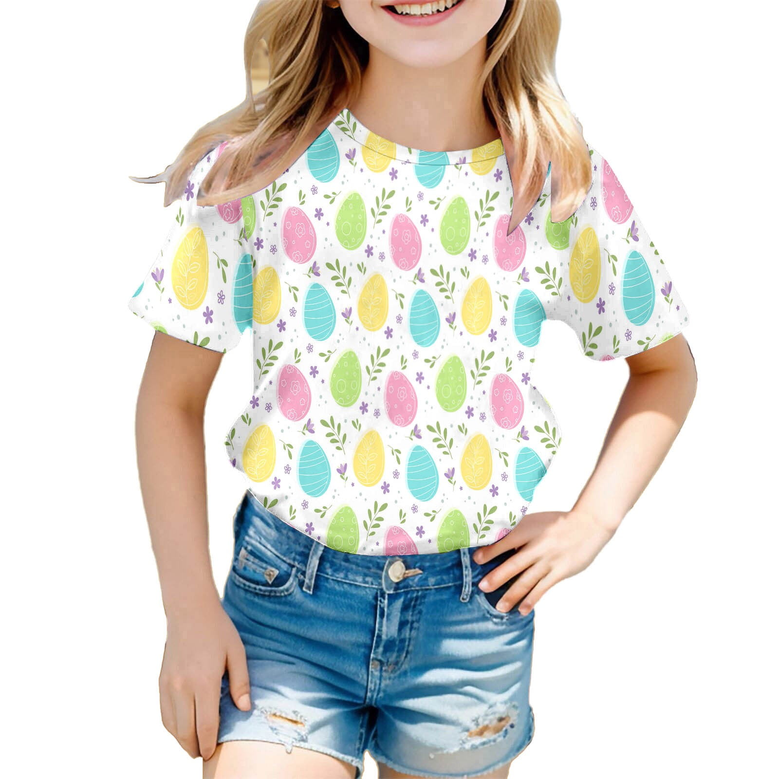 Girls Shirts Easter Eggs Graphic Shirt Short Sleeve Round Neck T-Shirts ...