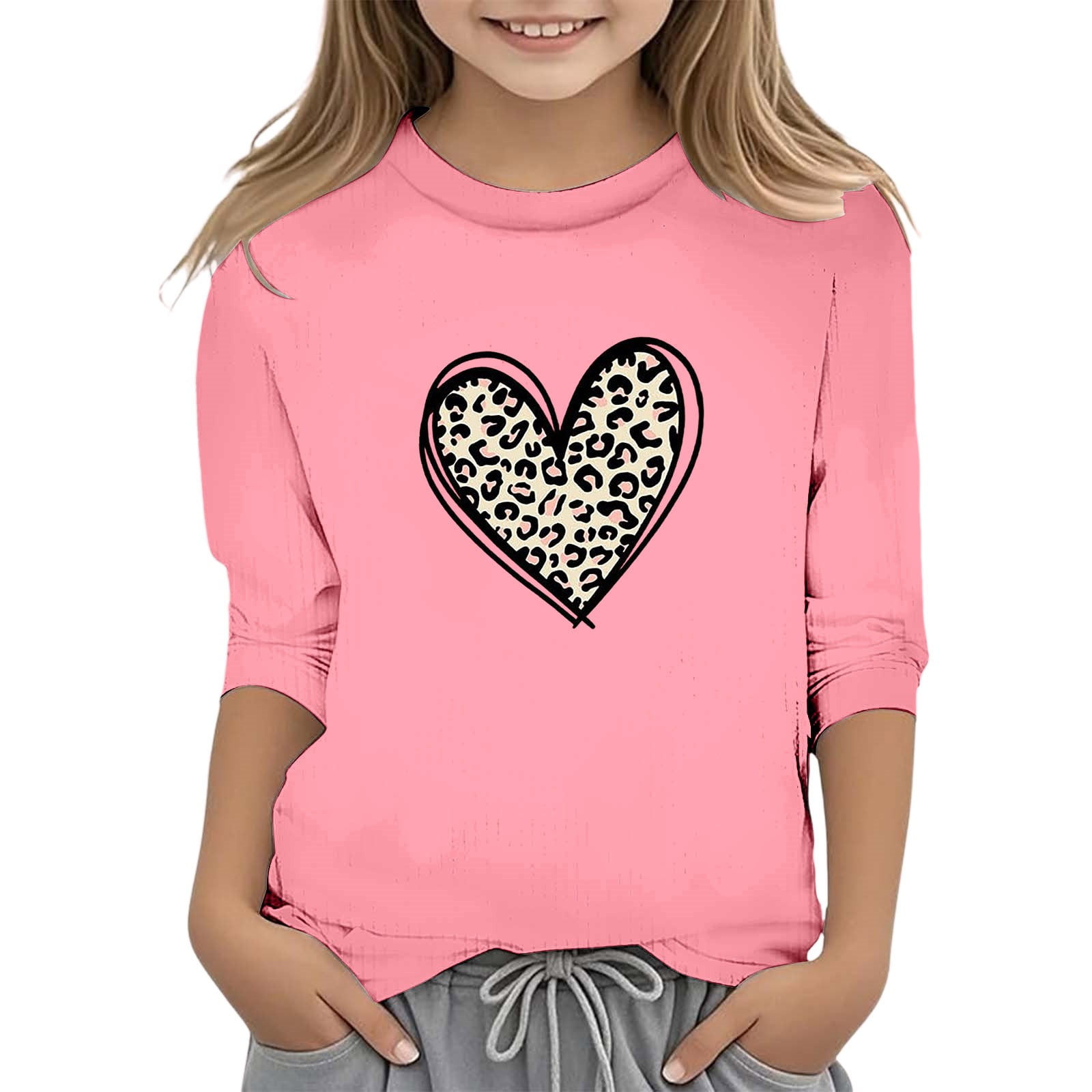 Girls Shirts Graphic Tees Valentines Day Fashion Heart Print Shirt 3/4 ...