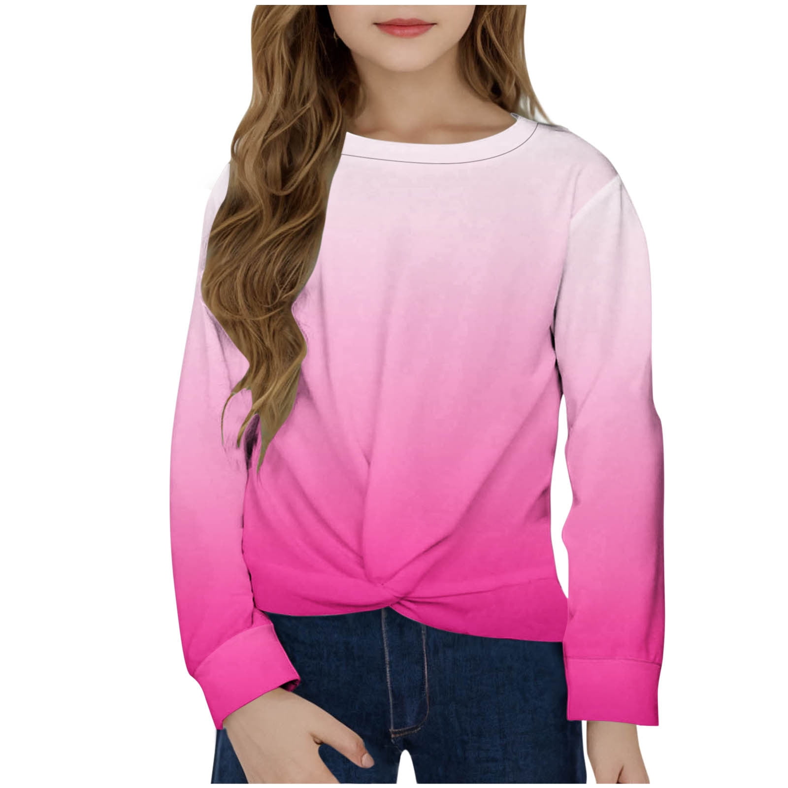 Girls Shirts Long Sleeve Tops Gradient/Graphic Tees Twist Knot Blouses ...