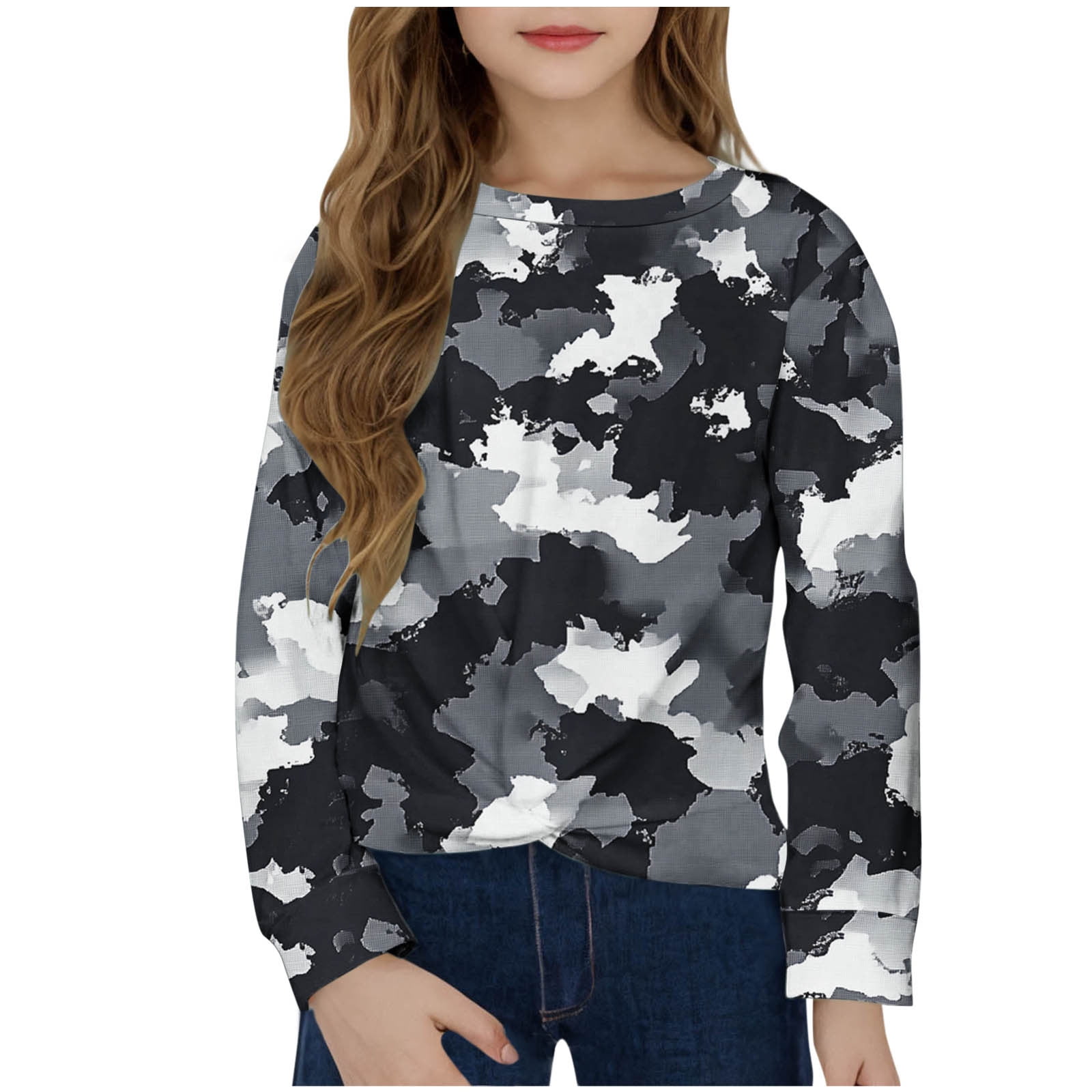 Girls Shirts Long Sleeve Tops Gradient/Graphic Tees Twist Knot Blouses ...