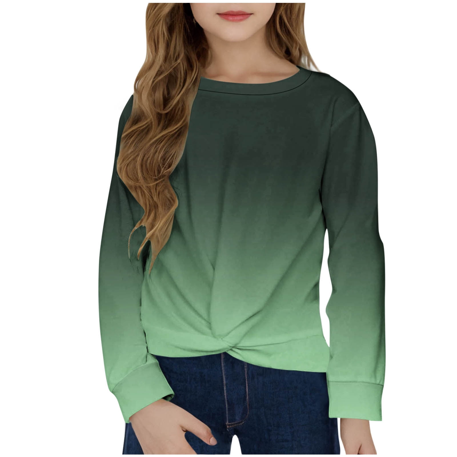 Girls Shirts Long Sleeve Tops Gradient/Graphic Tees Twist Knot Blouses ...