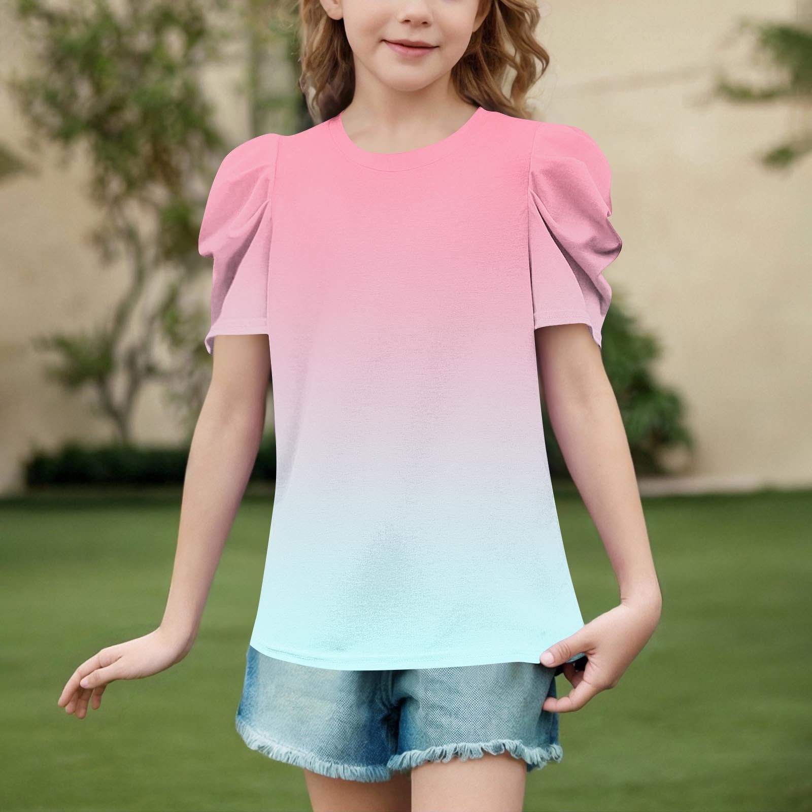 Girls Shirts Printed Fashion Puff Short Sleeves School Tees Crewneck ...