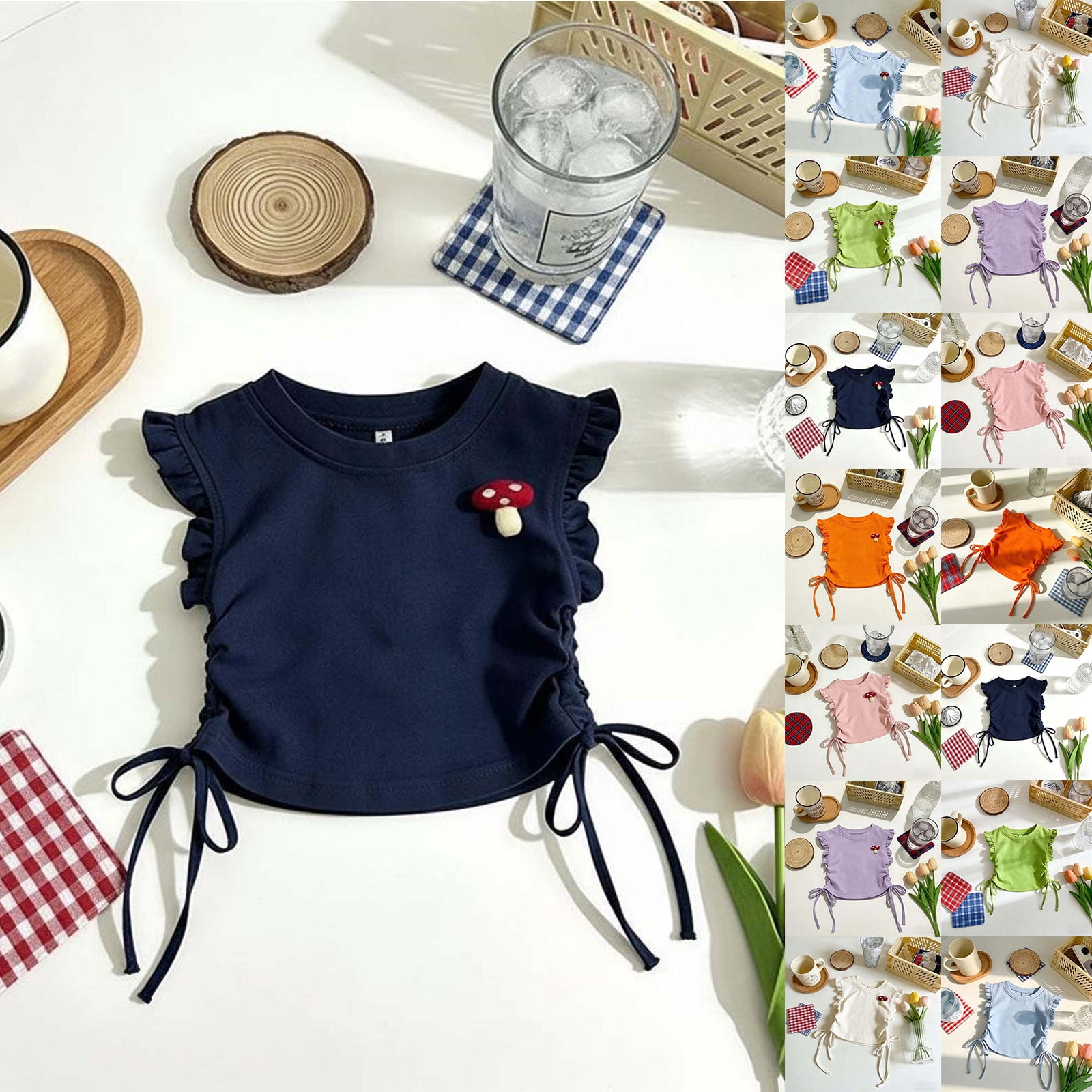 Girls Shirts Round Neck Flutter Sleeve Tops for Girls with Drawstring ...