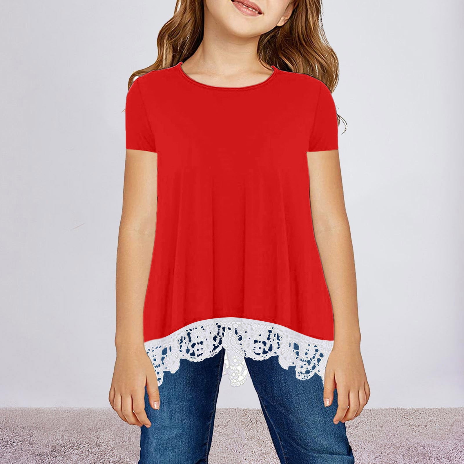 Girls Shirts Size 8 Classic Fit Solid Color Crewneck Soft Stretch ...