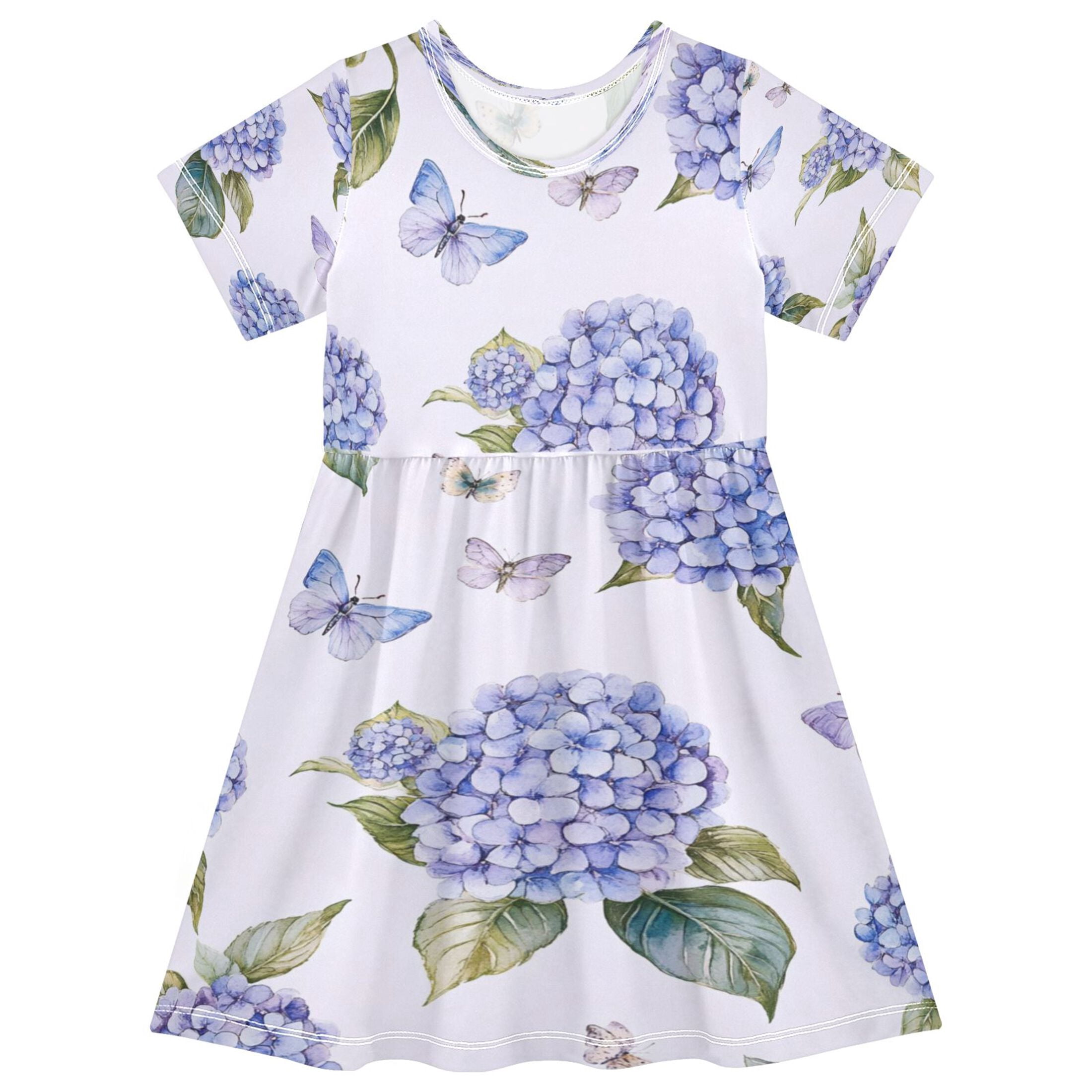 Girls Short Sleeve A-Line Dress Blue Hydrangea Play Dress Sizes 2T ...