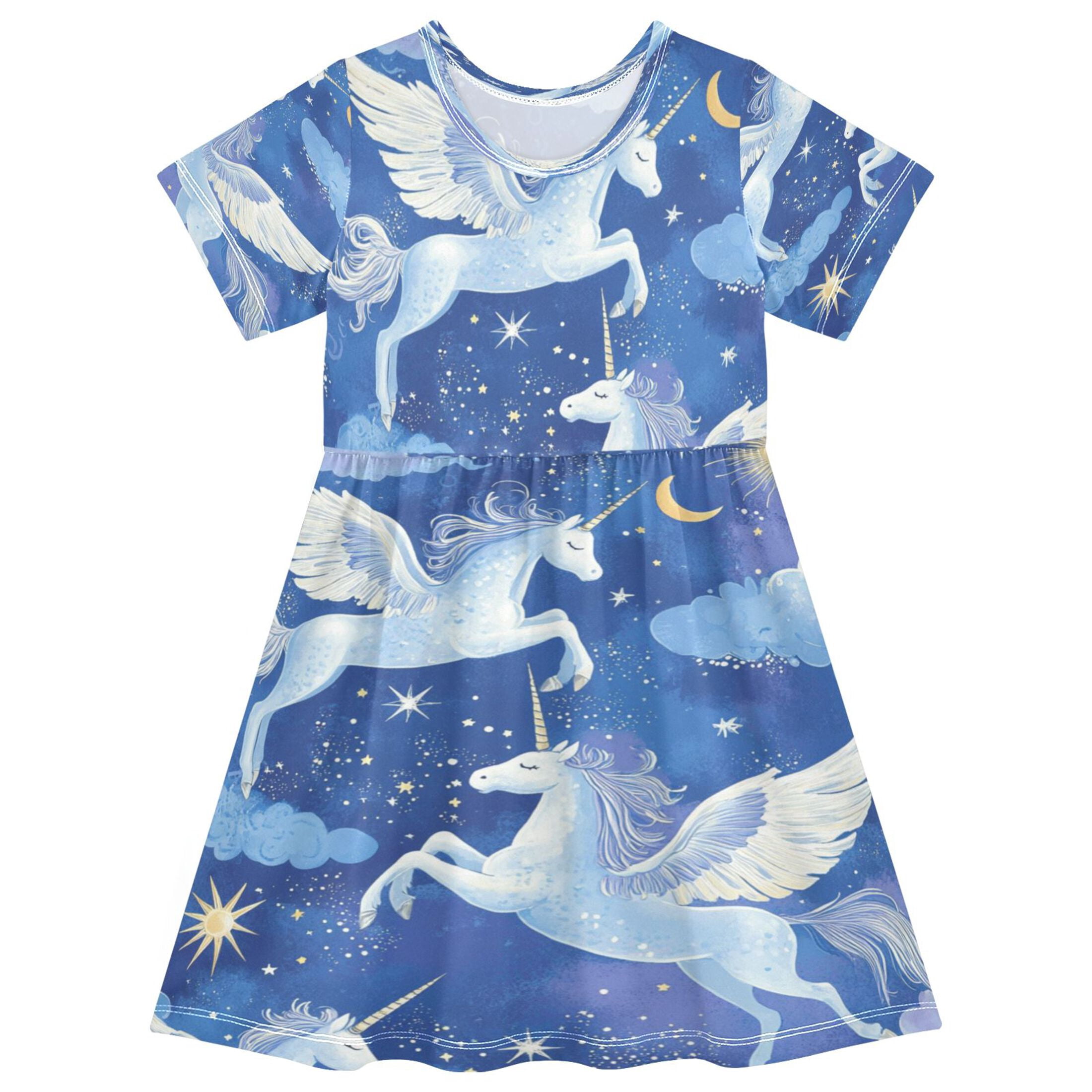Girls Short Sleeve A-Line Dress Enchanting Unicorn Pattern Play Dress ...