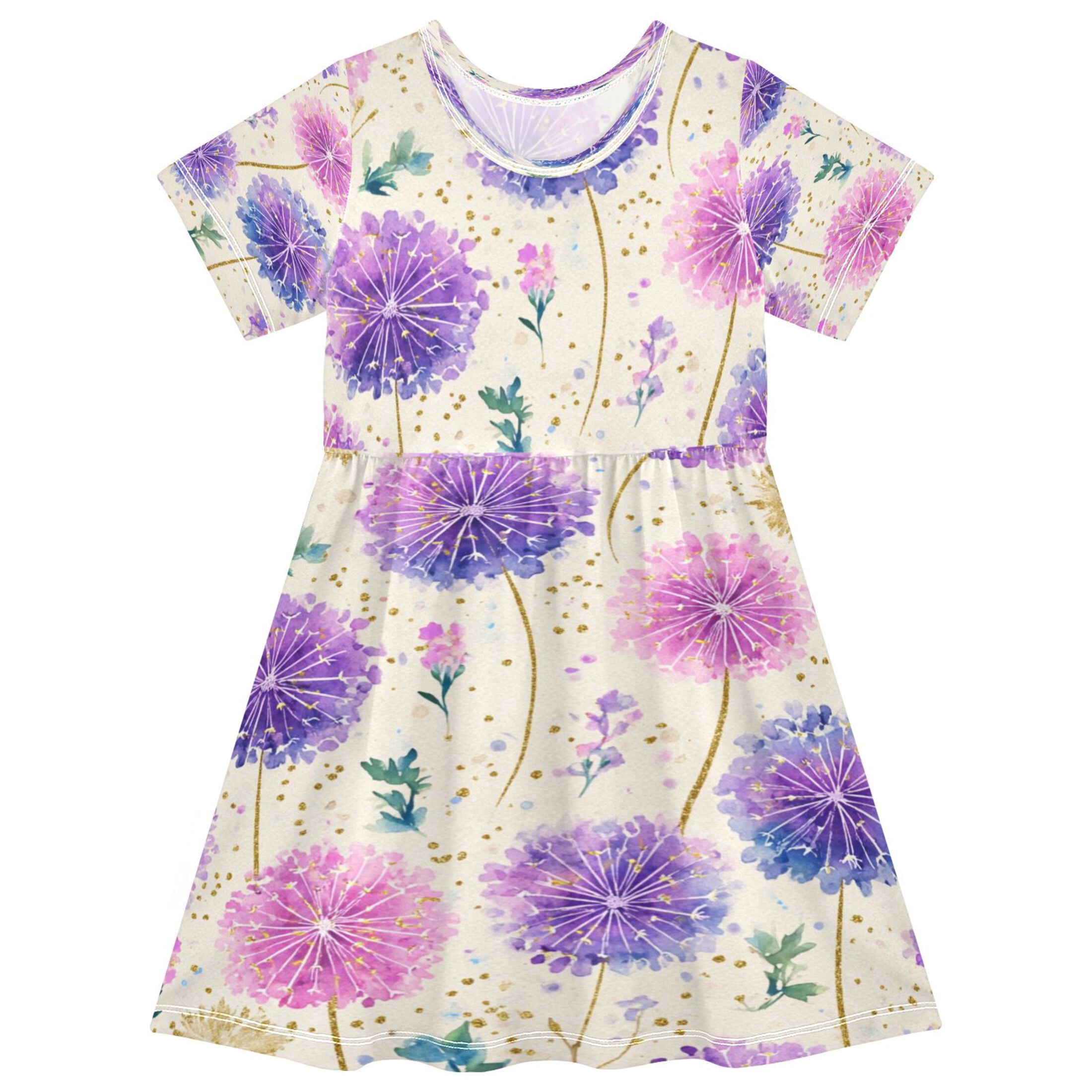 Girls Short Sleeve A-Line Dress Watercolor Dandelions Pattern Play ...