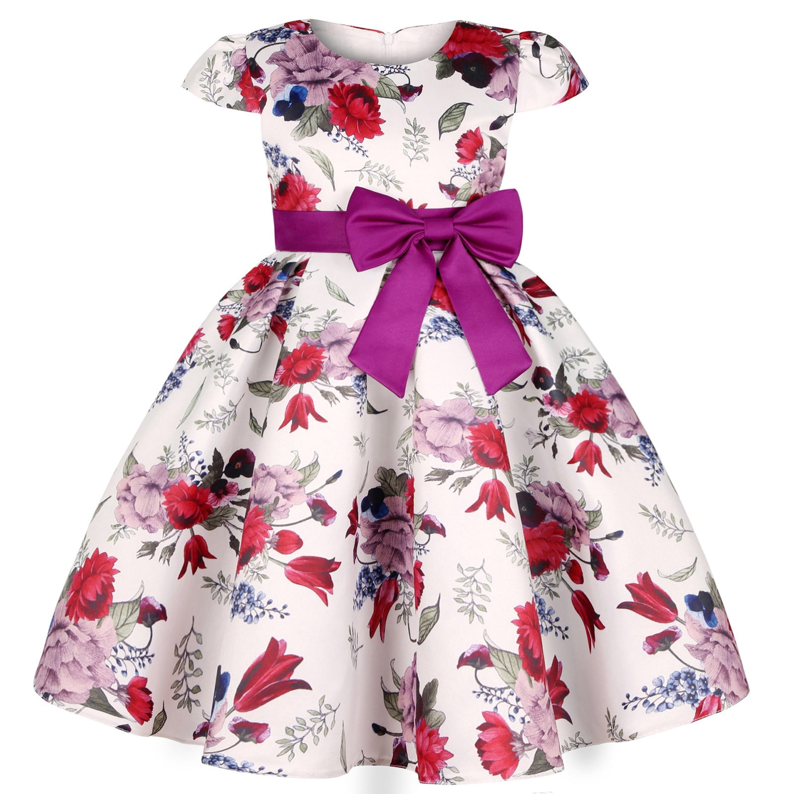 Girls Short Sleeve Floral Print Dress Retro Rose Pattern Dress Bow ...