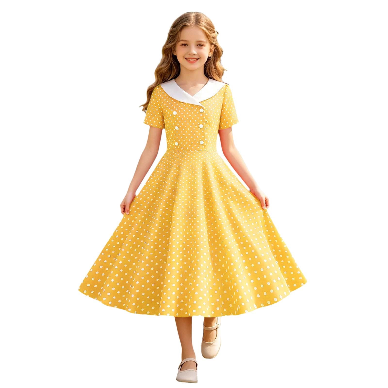 Girls Short Sleeve Polka Dot Print Flared Skirt Dress Youth Casual ...